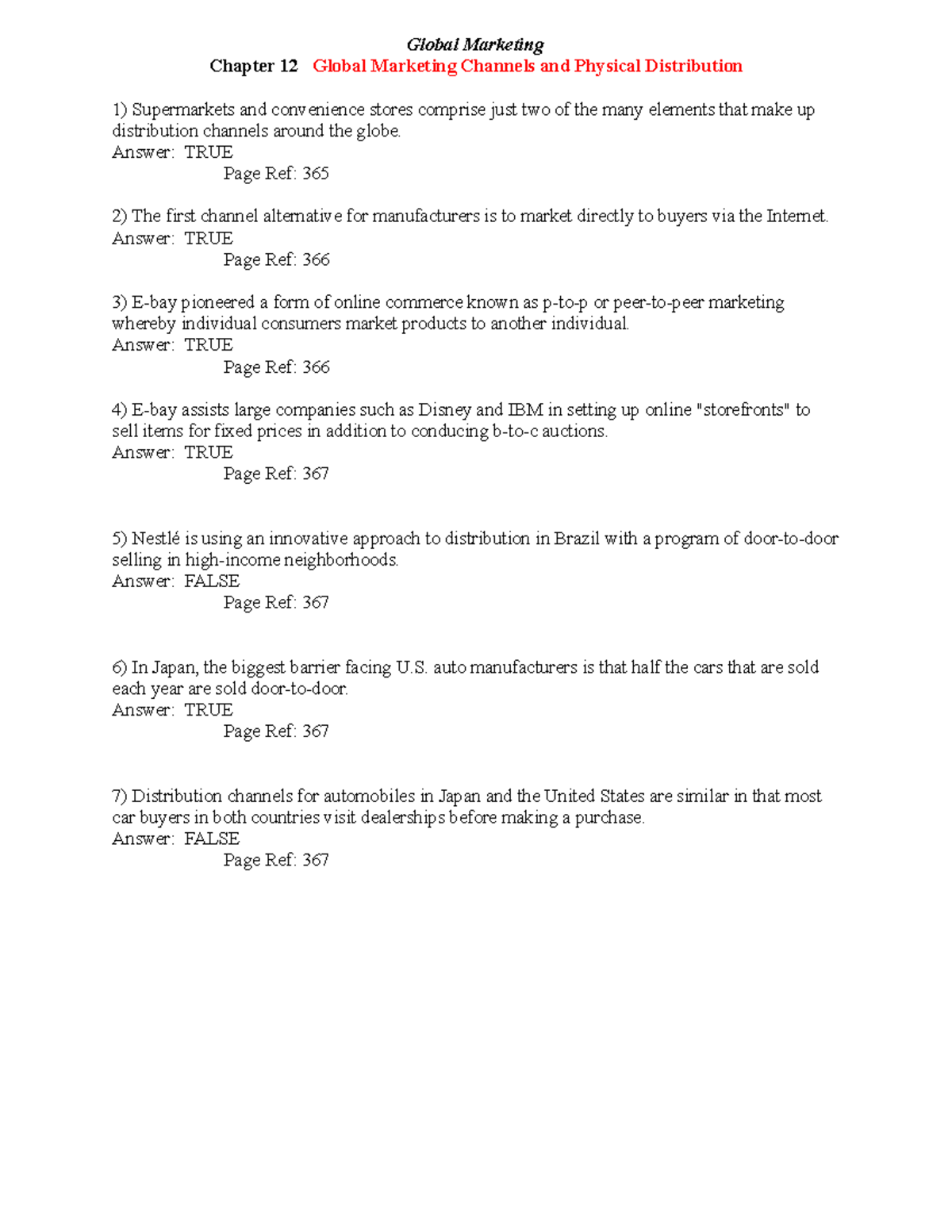 Ch12 Global Marketing Channels and Physical Distribution Test - Global ...
