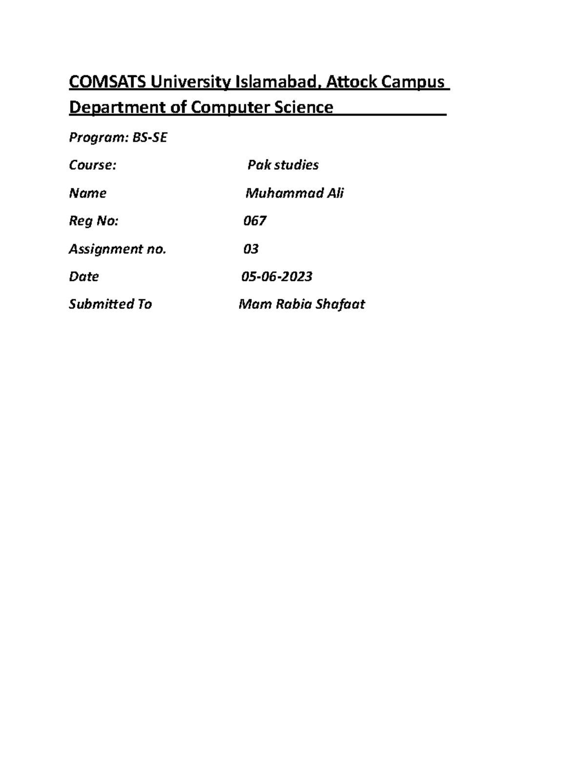 Pak studies assignment - Pakistan Studies - CUI - Studocu