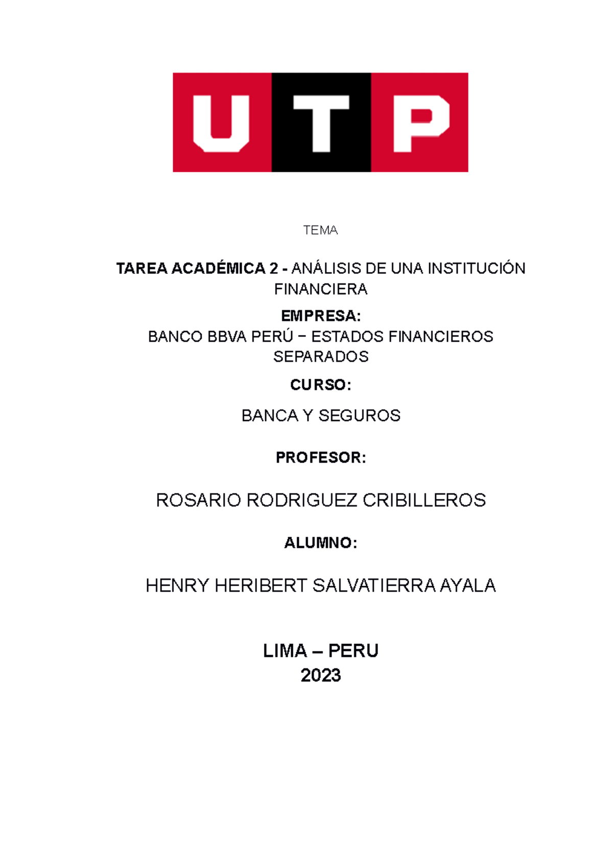 TA2 BBVA PERU - banco continental - TEMA TAREA ACADÉMICA 2 - ANÁLISIS DE UNA INSTITUCIÓN ...