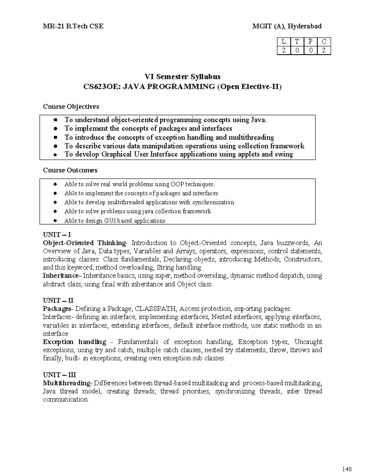 Java6 - gfh - MR-21 B CSE MGIT (A), Hyderabad 140 L T P C 2 0 0 2 VI ...