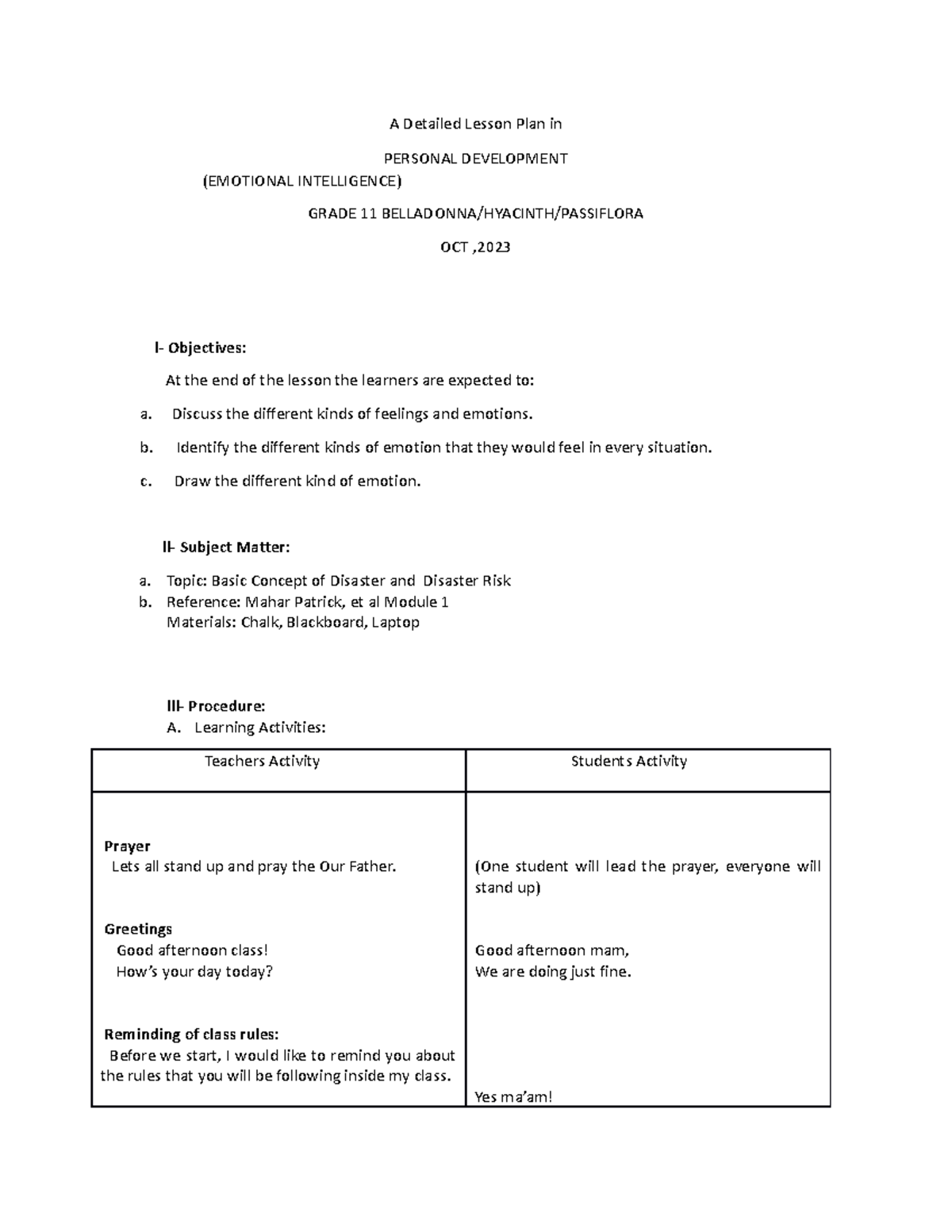 A Detailed Lesson PLAN IN DRRR - A Detailed Lesson Plan in PERSONAL ...
