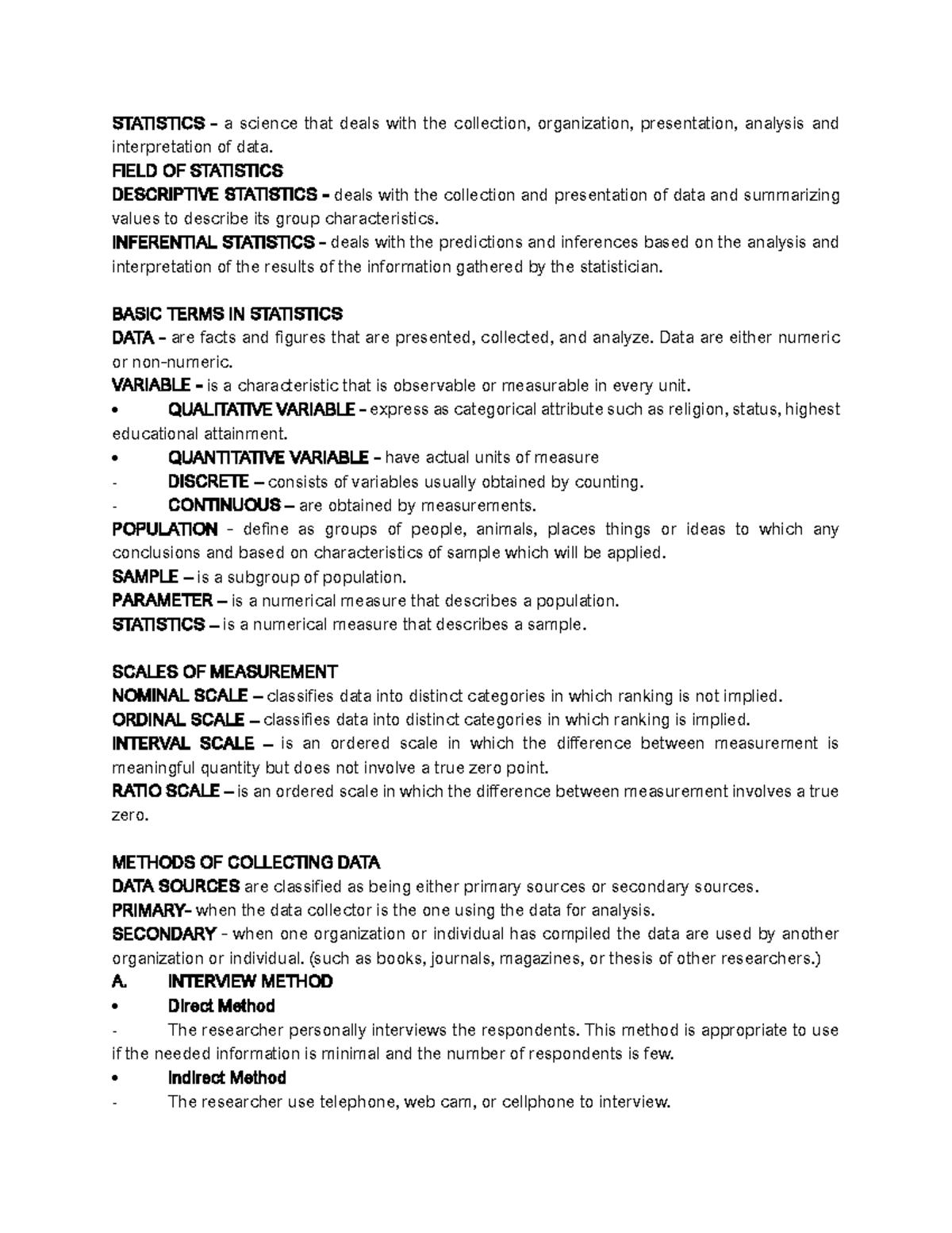 Statistics - Notes - STATISTICS - a science that deals with the ...