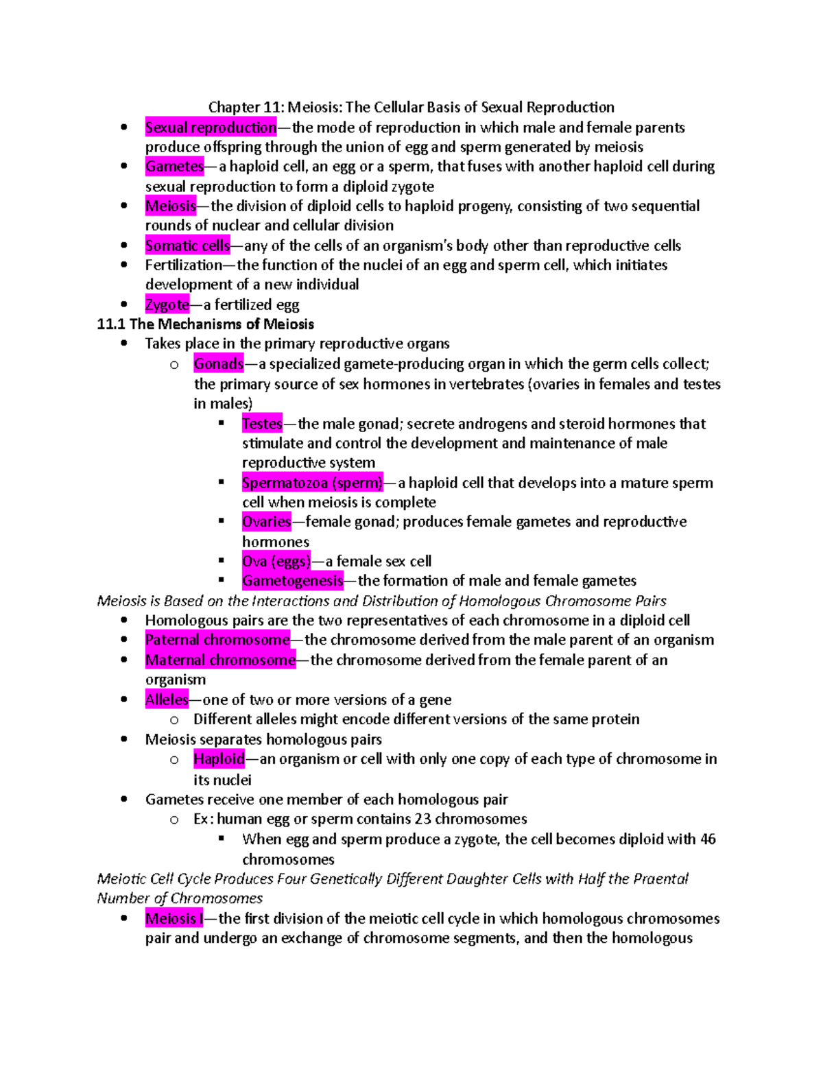 Ch 11 Meiosis Notes - Chapter 11: Meiosis: The Cellular Basis of Sexual ...