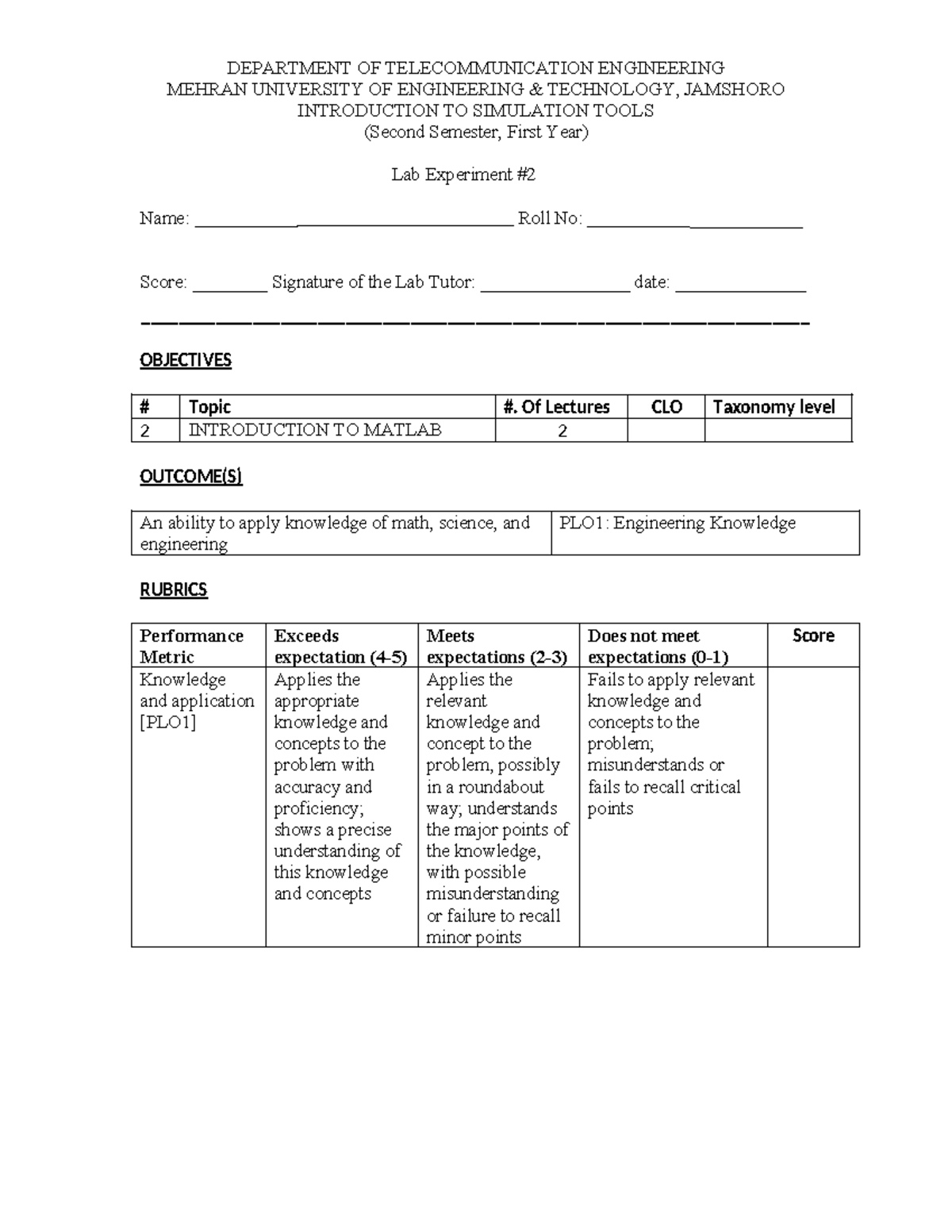 MATLAB handout 2 - MEHRAN UNIVERSITY OF ENGINEERING & TECHNOLOGY ...