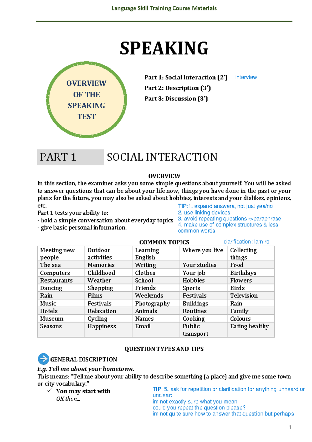 Speaking+Writing - OVERVIEW OF THE SPEAKING TEST SPEAKING PART 1 SOCIAL ...