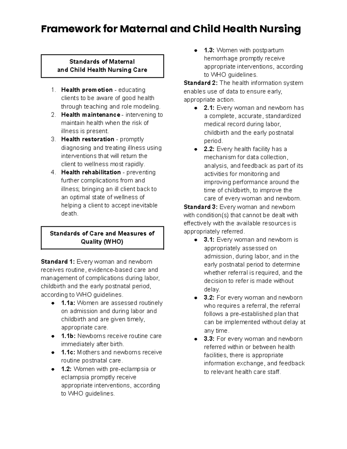 Framework for Maternal and Child Health Nursing - Standards of Maternal ...
