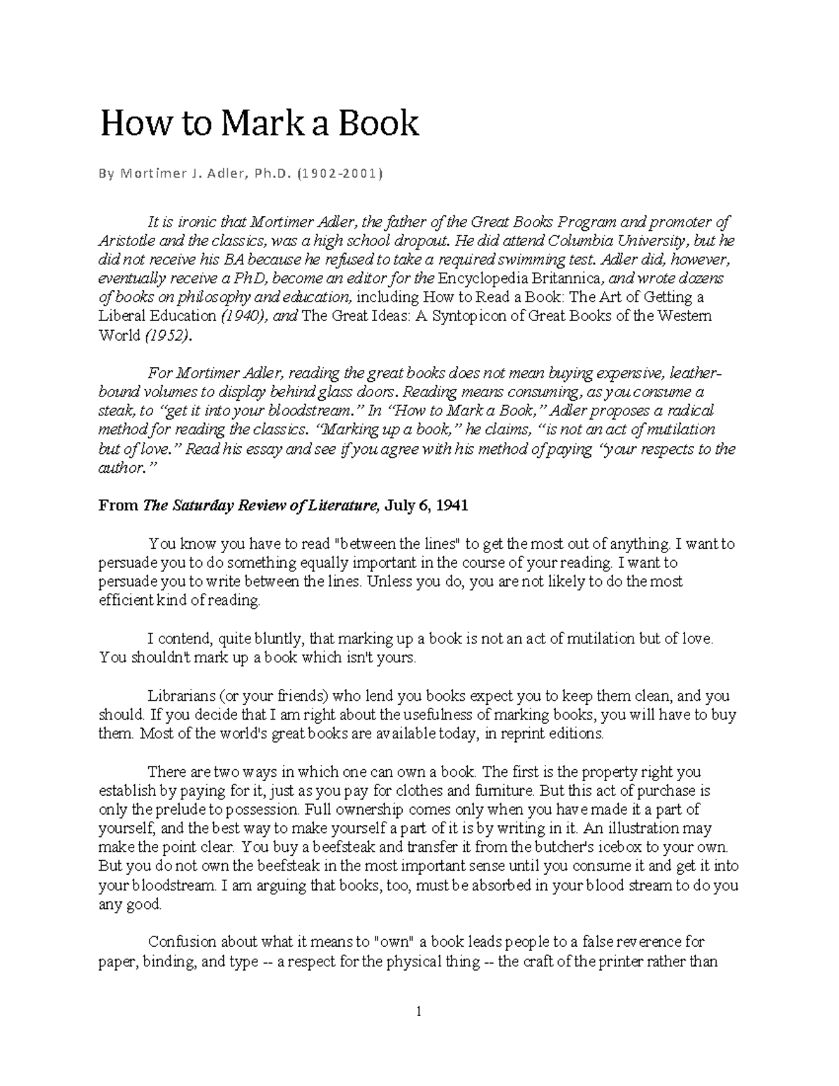 Adler - How to Mark a Book - How to Mark a Book By Mortimer J. Adler ...