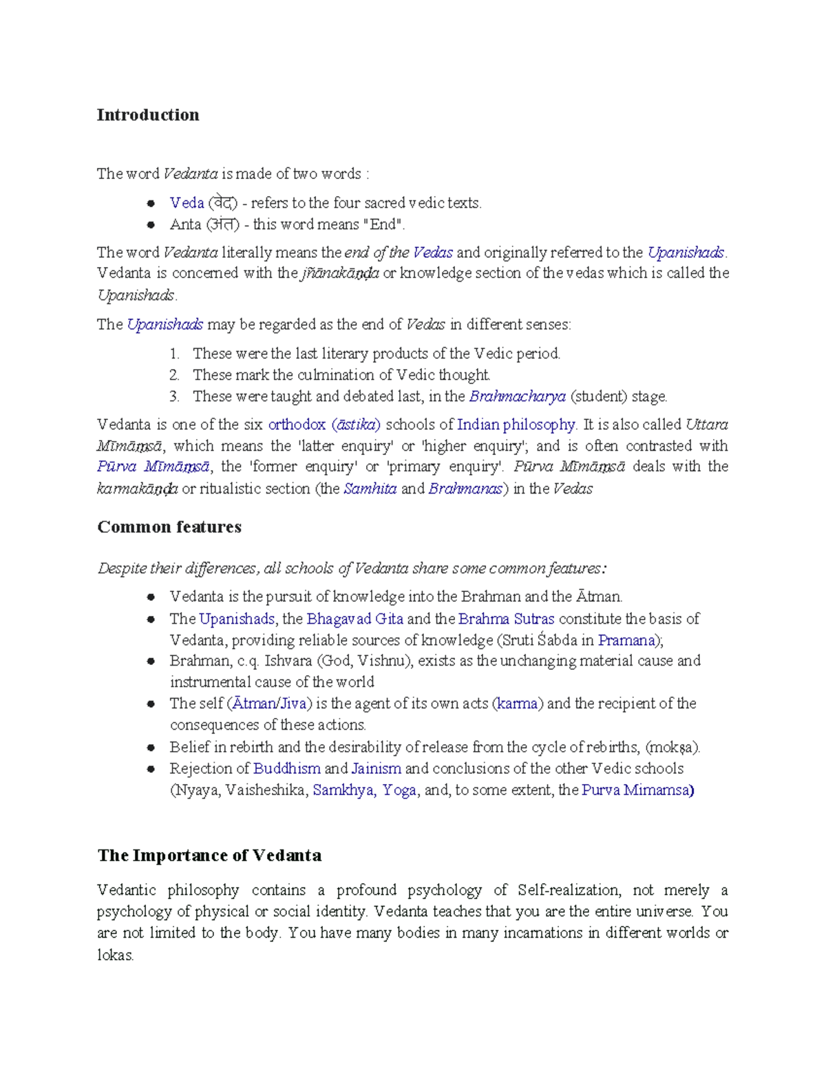 Vedanta - notes on unit 4 - Introduction The word Vedanta is made of ...