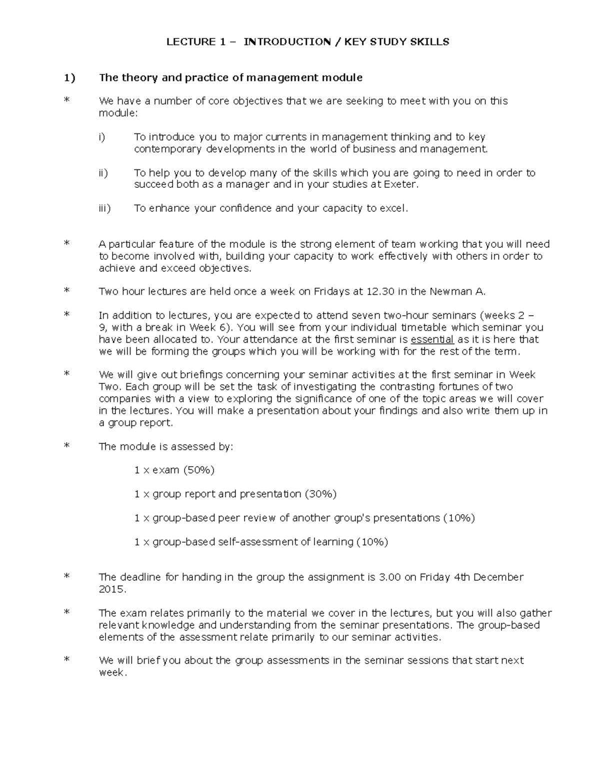 Lecture 1 - Introduction - LECTURE 1 – INTRODUCTION / KEY STUDY SKILLS ...