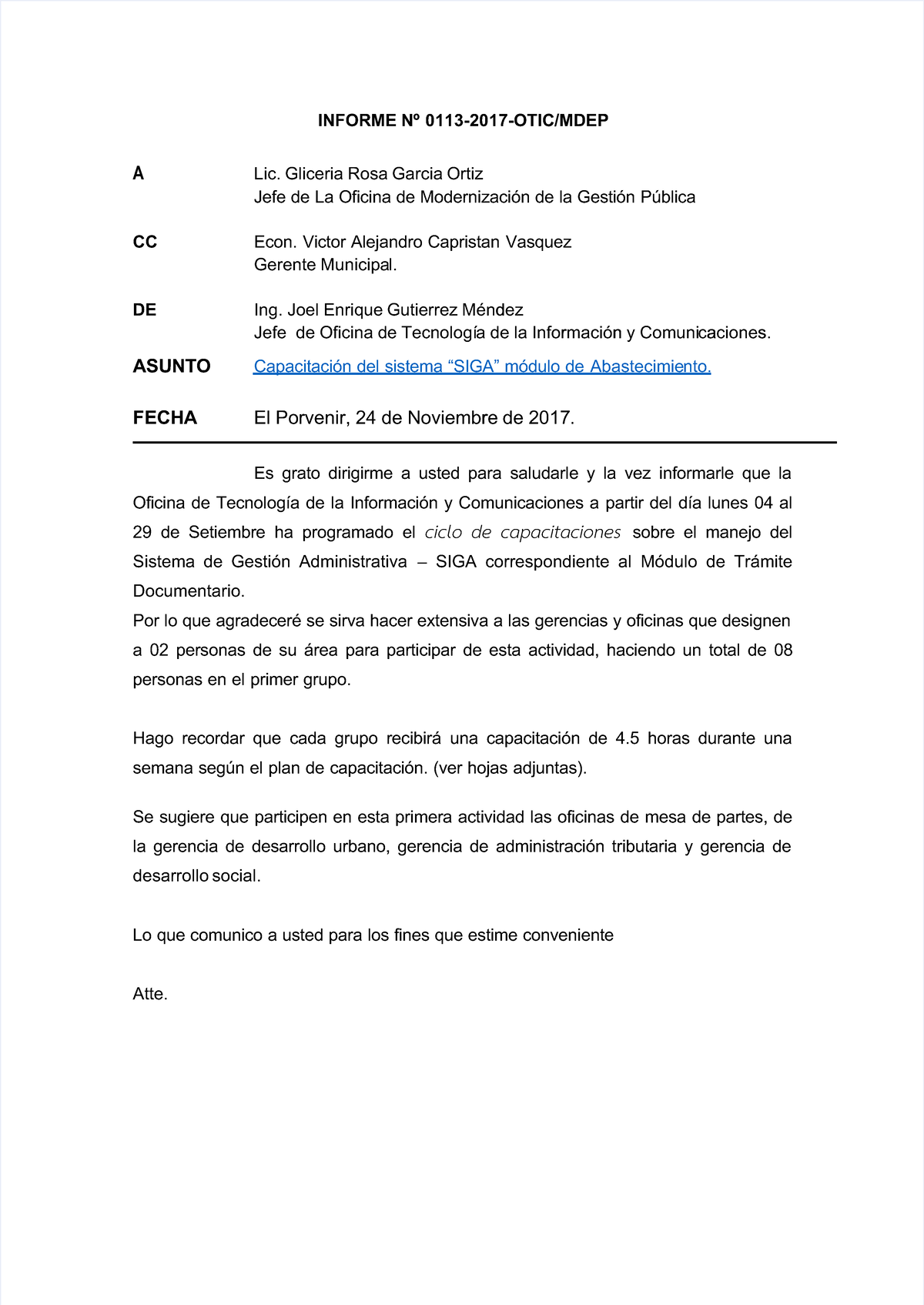 INFORME DE PROGRAMACIÓN DE CICLO DE CAPACITACIONES SOBRE EL MANEJO DE ...