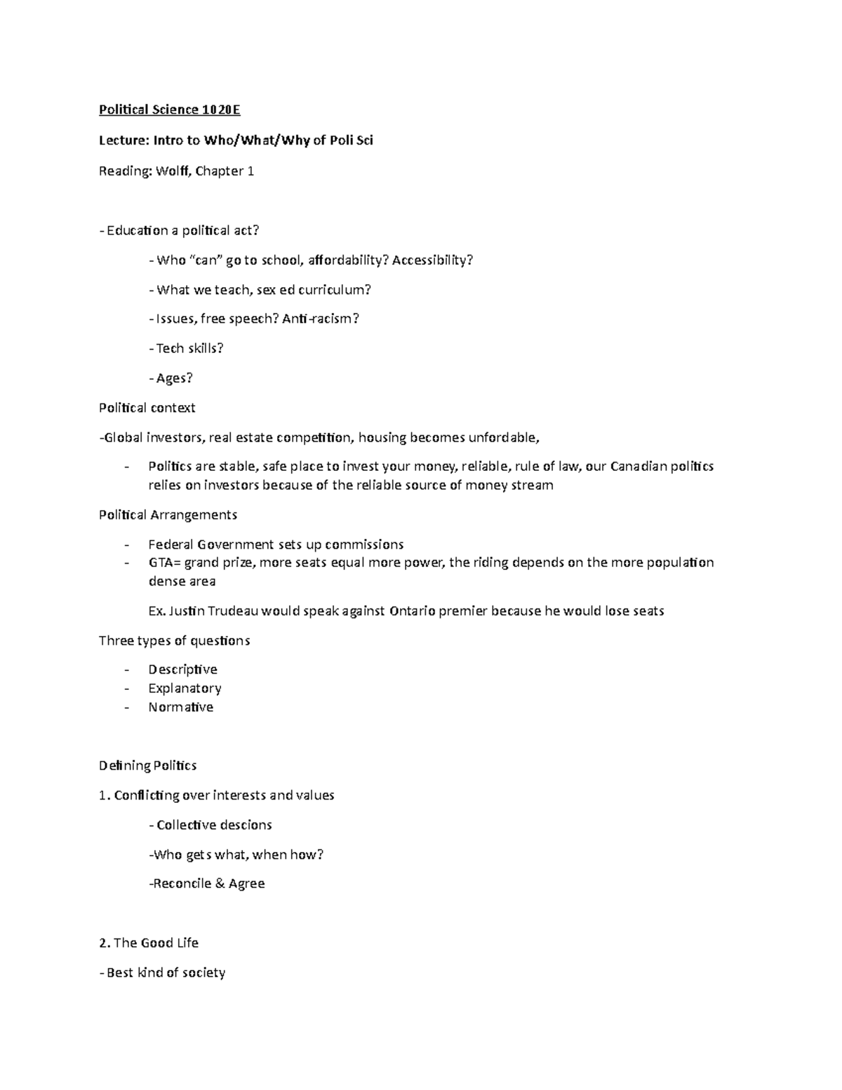 Poli sci lecture 1 - Political Science 1020E Lecture: Intro to Who/What ...