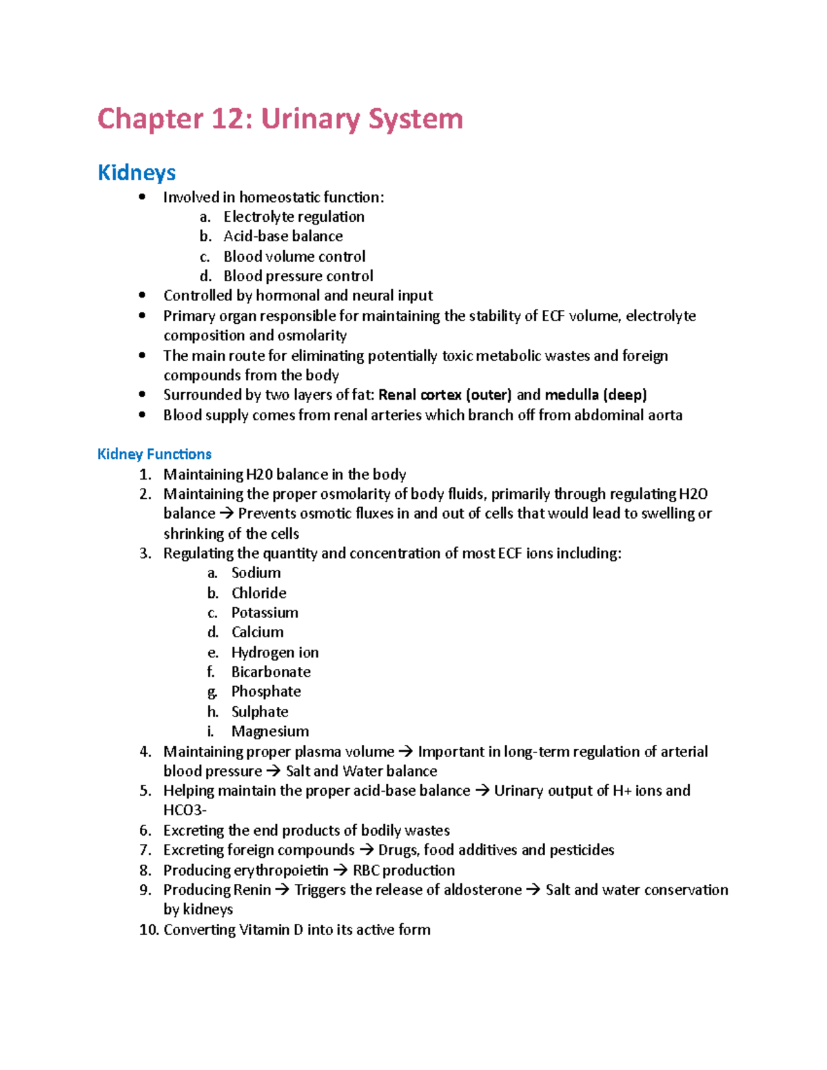 Chapter 12 - Chapter 12: Urinary System Kidneys Involved in homeostatic ...