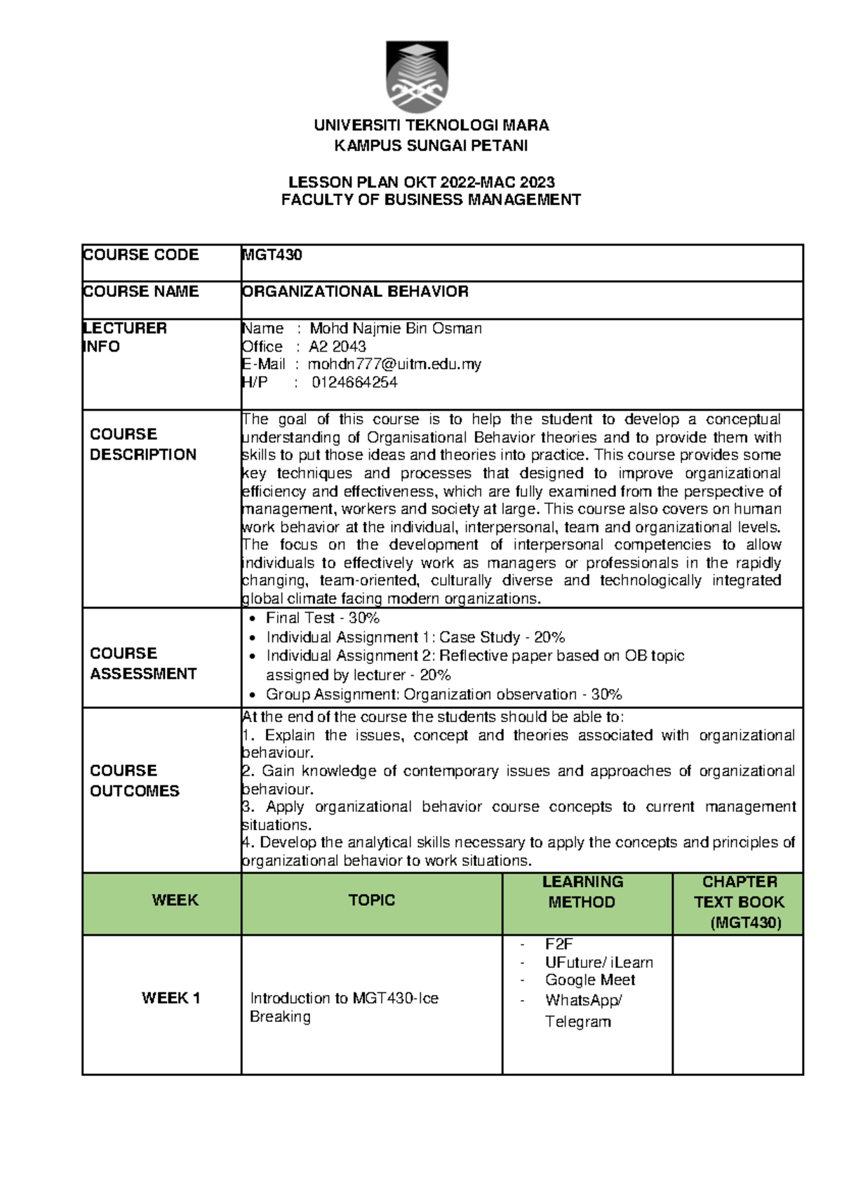 MGT430 Lessonplan OKT22 - UNIVERSITI TEKNOLOGI MARA KAMPUS SUNGAI ...