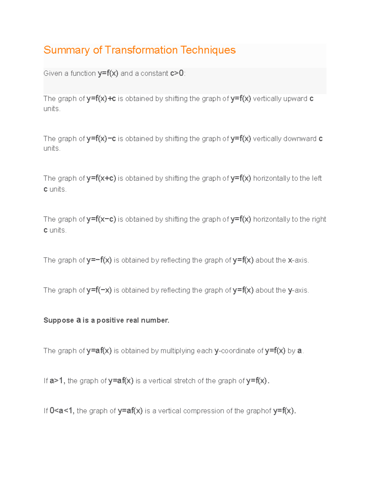 College Algebra TEST 3 - Study tools. - Summary of Transformation ...