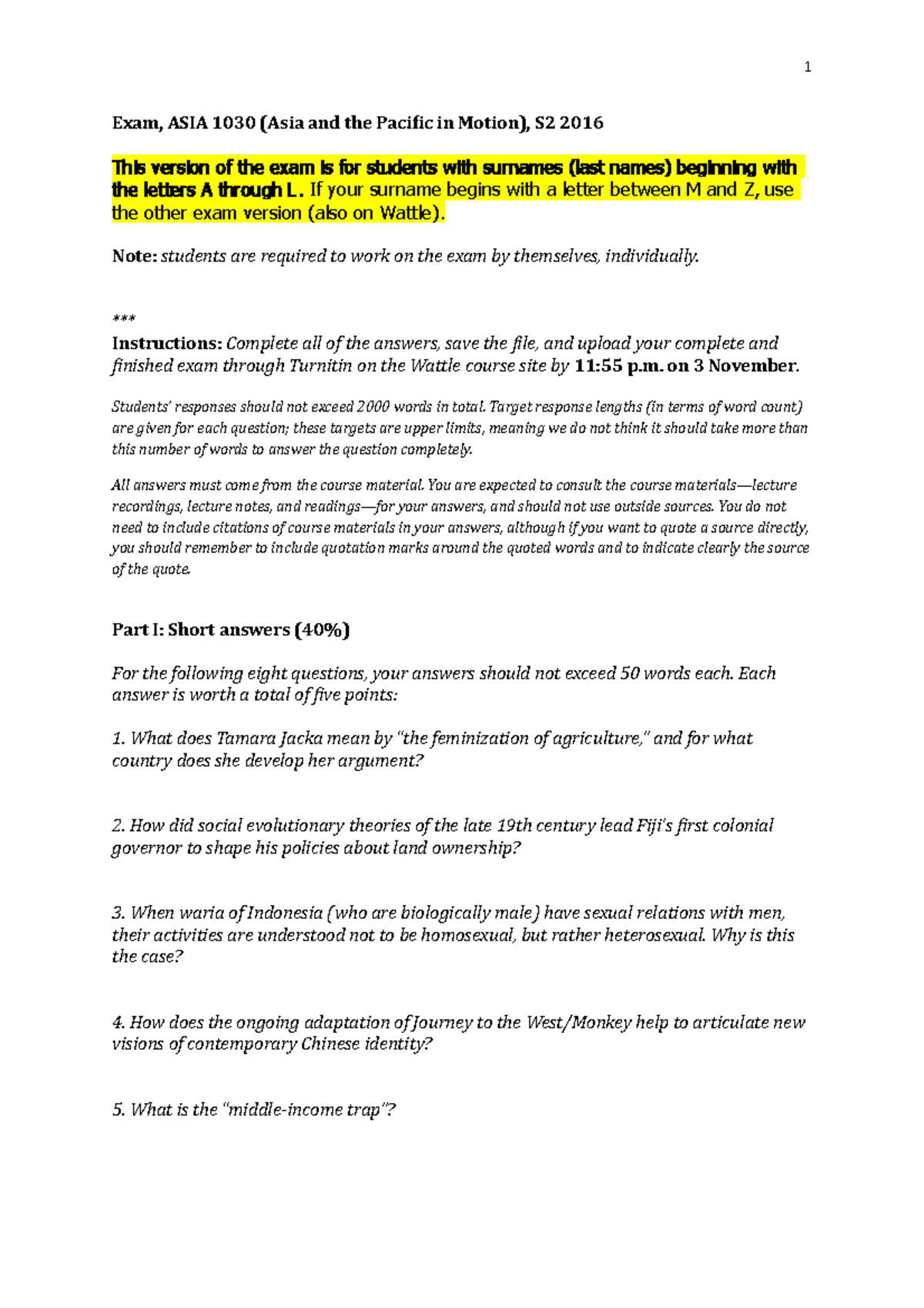Exam 2016, questions - 1 Exam, ASIA 1030 (Asia and the Pacific in ...