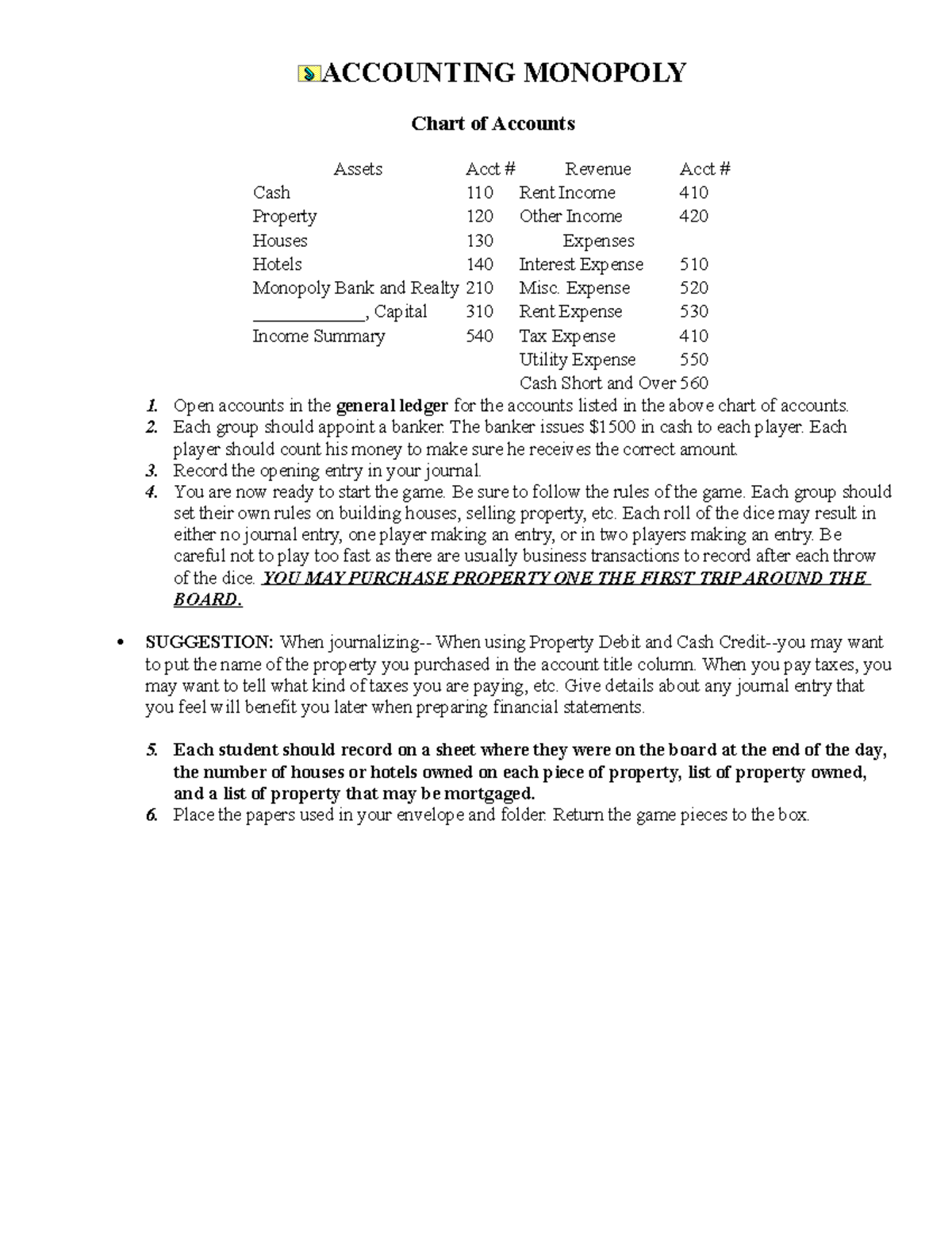 Accounting Monopoly - see the attachment - ACCOUNTING MONOPOLY Chart of ...