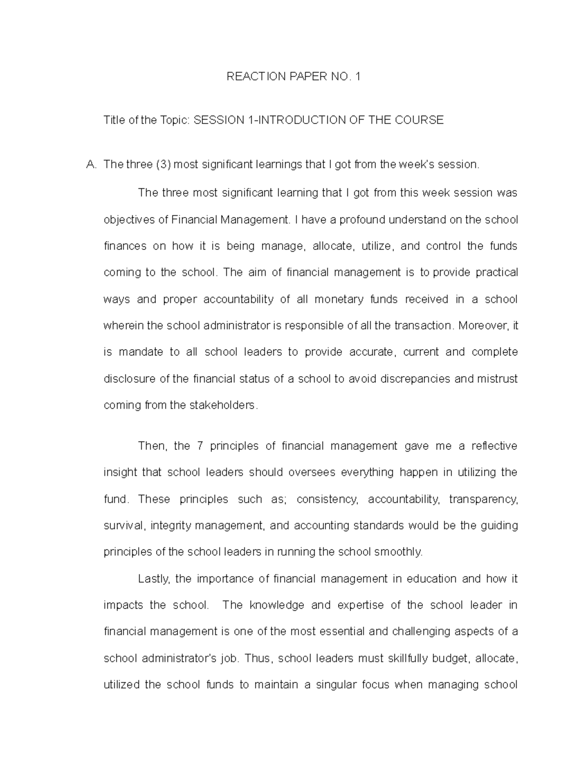 Reaction Paper Financial Management - REACTION PAPER NO. 1 Title of the ...