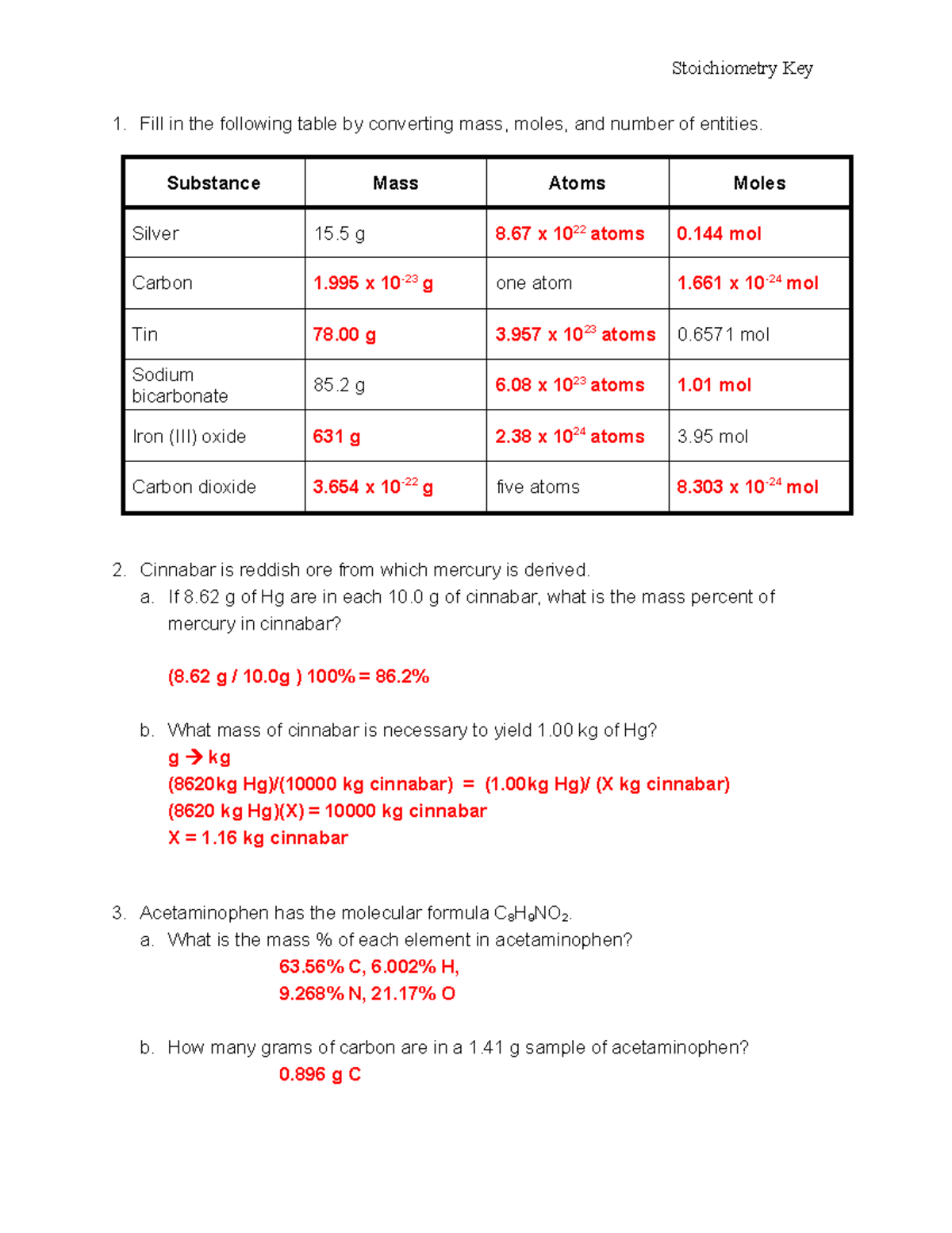 Stoichiometry problems Key - Stoichiometry Key Fill in the following ...