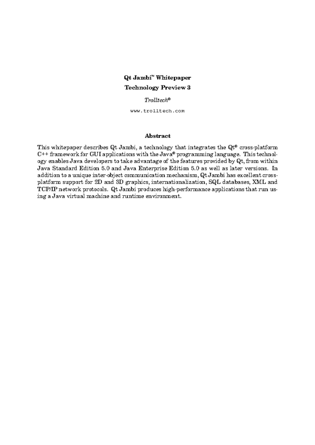 Qt Jambi™ Whitepaper Technology Previe Qt Jambi Whitepaper Technology Preview 3 Trolltech