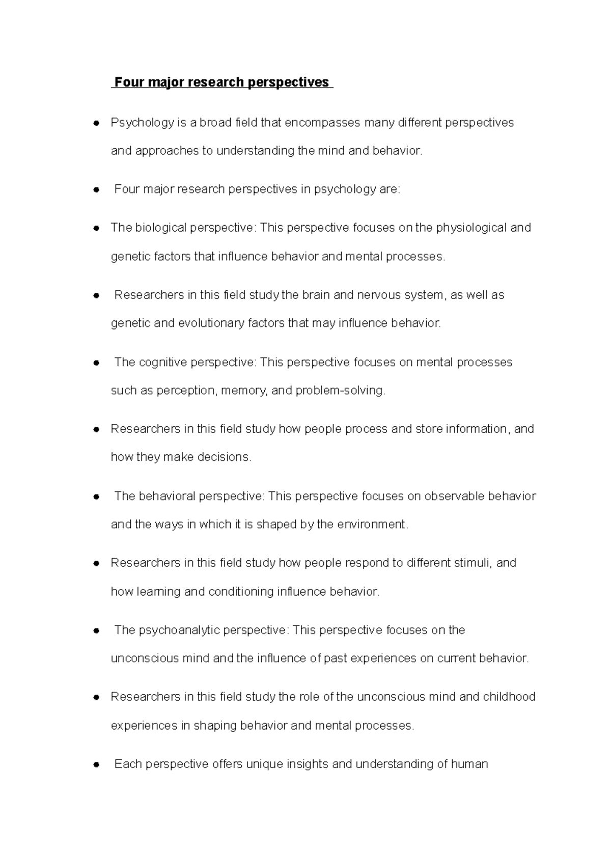 Four major research perspectives - Four major research perspectives in ...