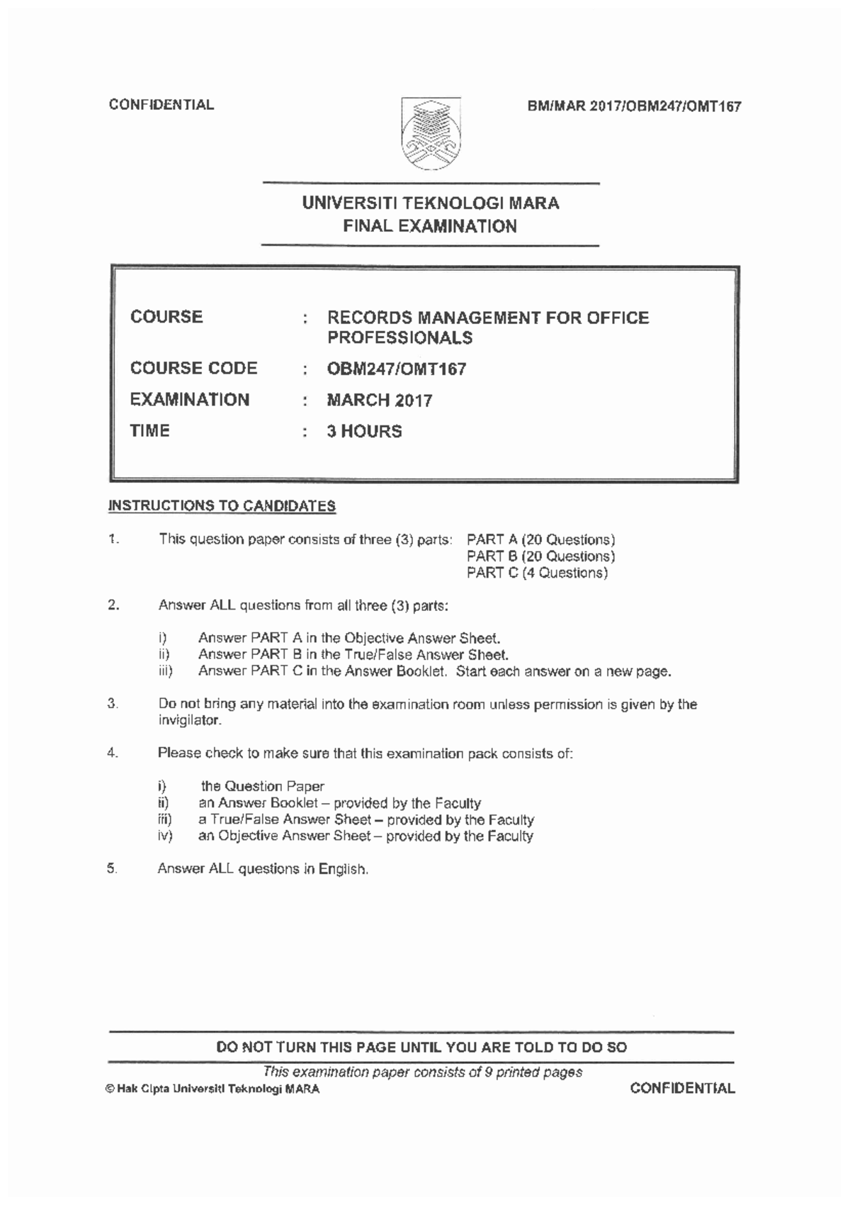 OBM247 March 2017 - records management - Studocu