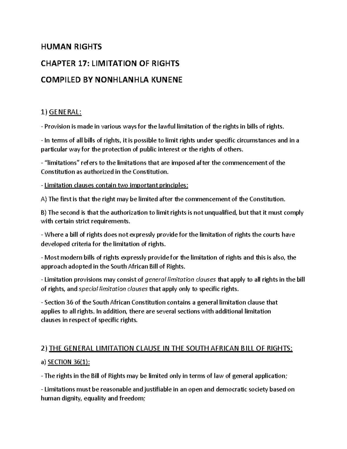Human Rights Chapter 17 - HUMAN RIGHTS CHAPTER 17: LIMITATION OF RIGHTS ...
