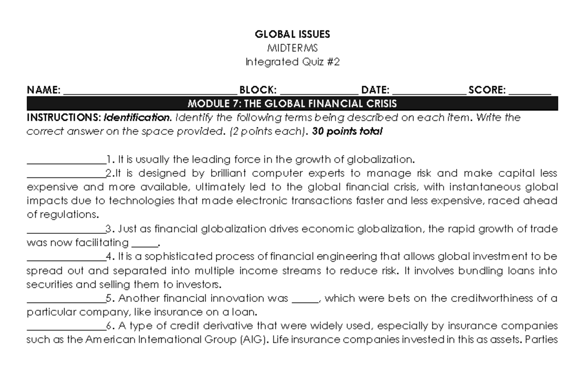 Global Issues Midterms quiz2 pg1 - GLOBAL ISSUES MIDTERMS Integrated ...