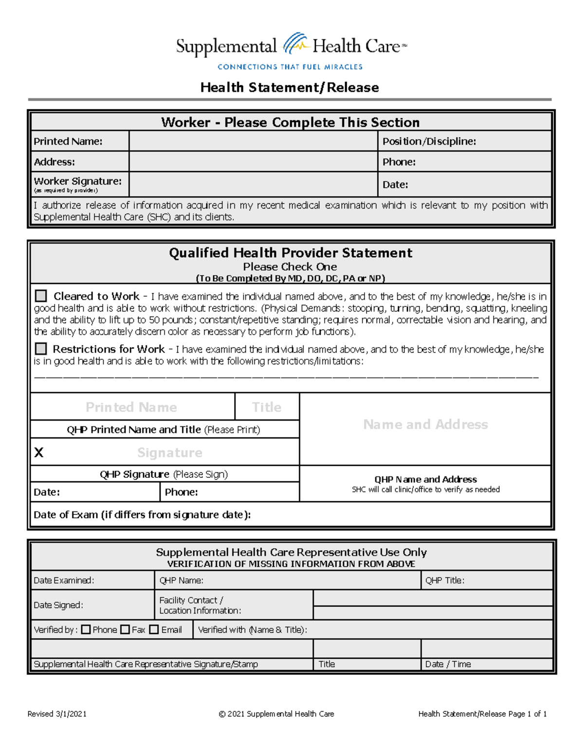 Health Statement Blank Revised 2021 - Health Statement/Release Revised ...