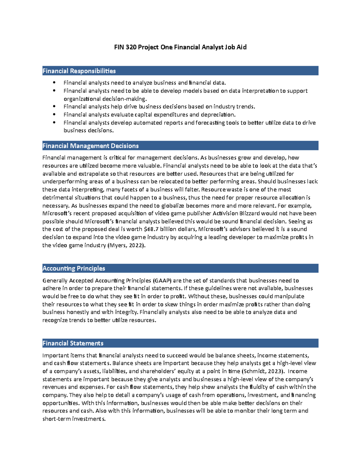 FIN 320 Project One Financial Analyst Job Aid - Financial analysts need ...