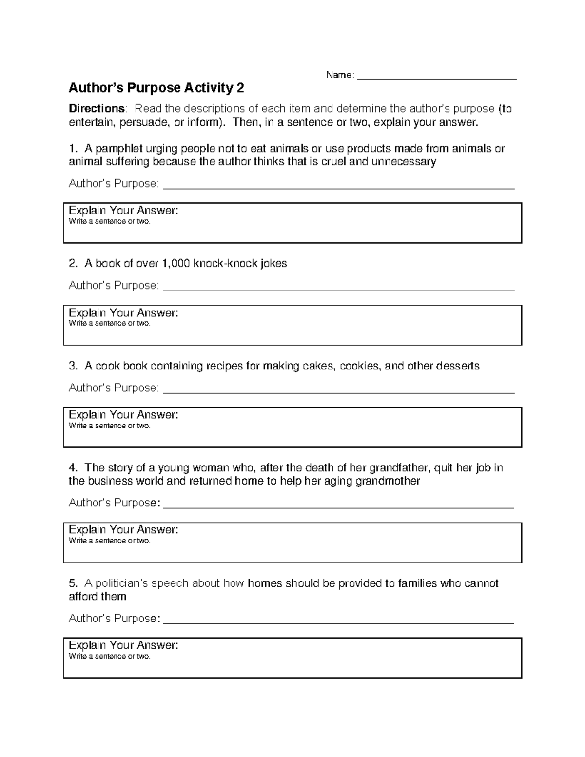 Authors purpose worksheet 2 - Name ...