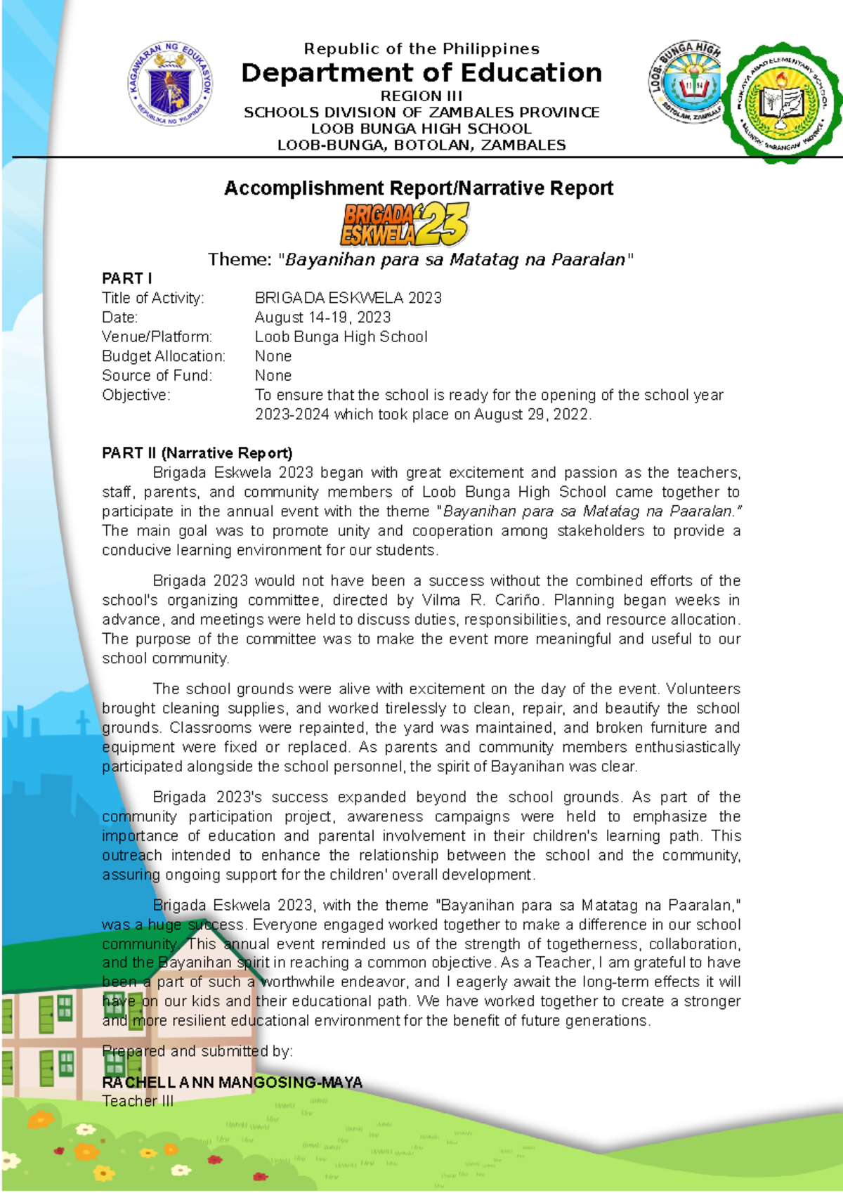 ACR-Narrative Report Rachell - Republic of the Philippines Department ...