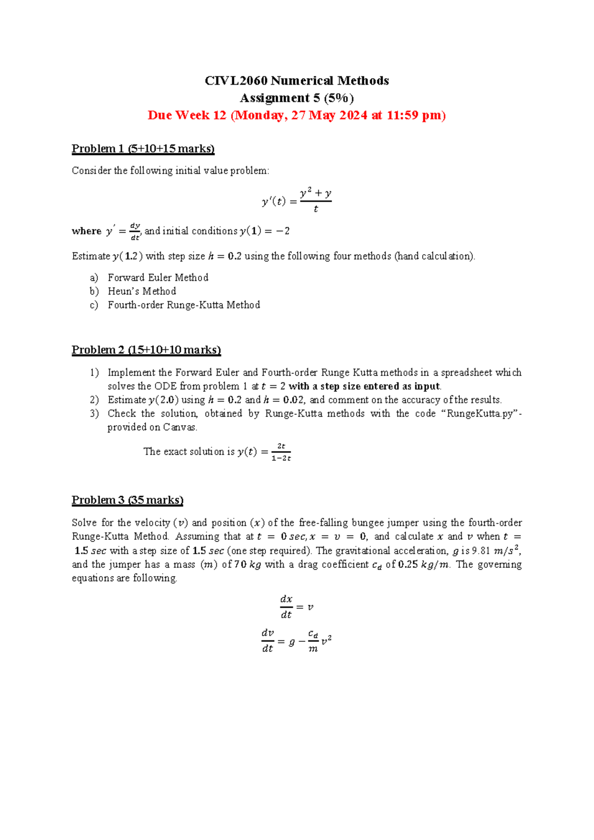 CIVL2060-Assignment 5-Questions - CIVL2060 Numerical Methods Assignment 5 (5%) Due Week 12 ...
