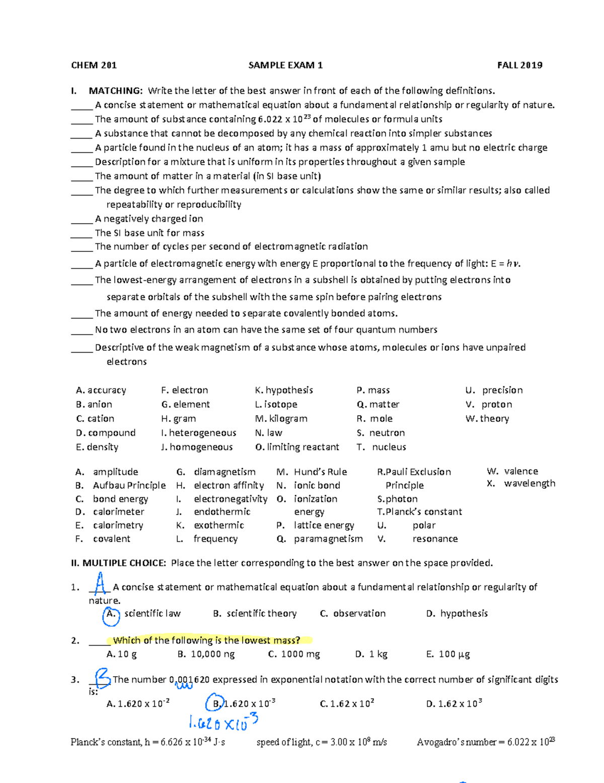 Sample-Exam1-Fa19 - sample exam for lecture exam 1 professor used this ...