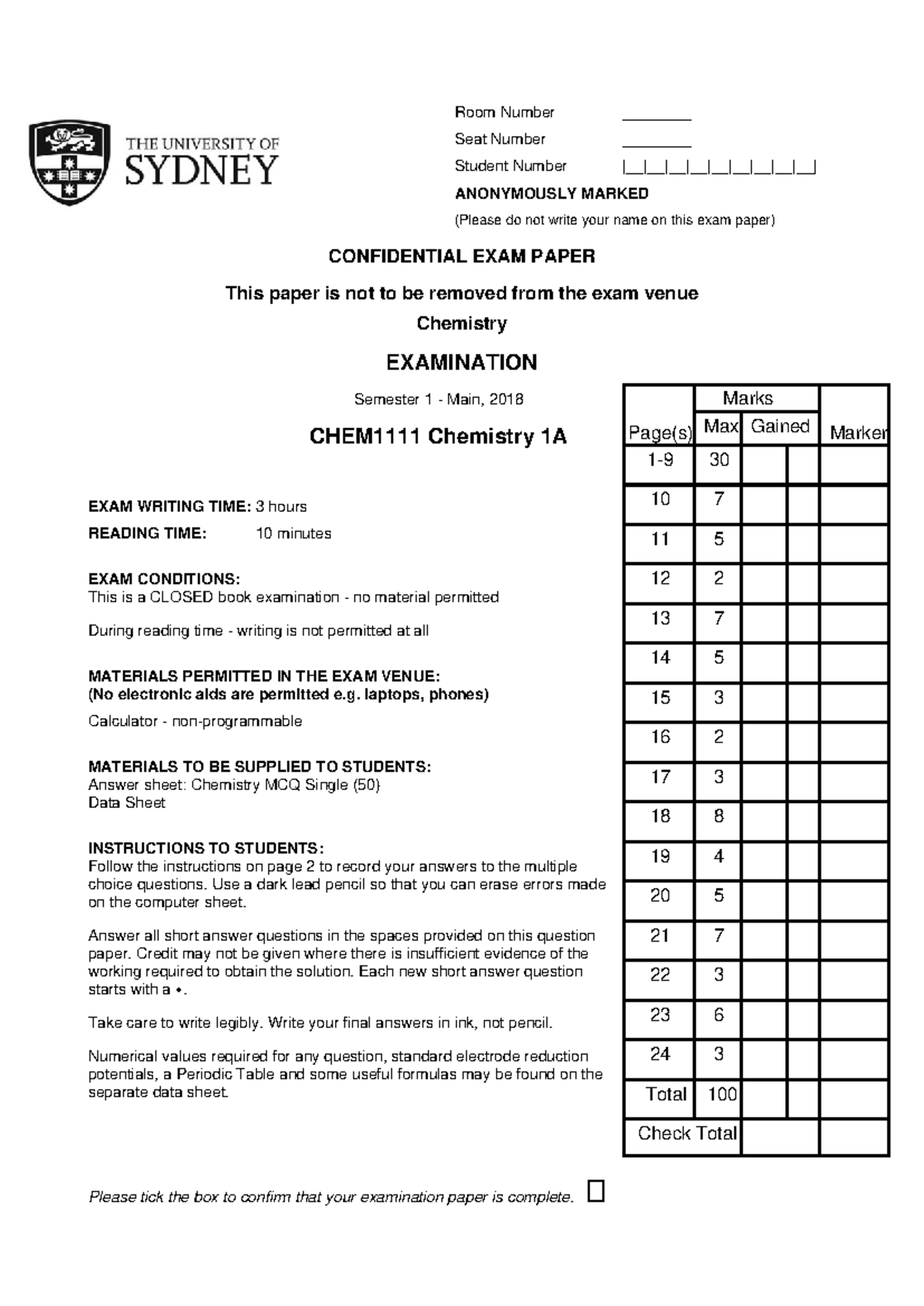 CHEM1111 2018 S1 Final - Exam - ####### CONFIDENTIAL EXAM PAPER This ...