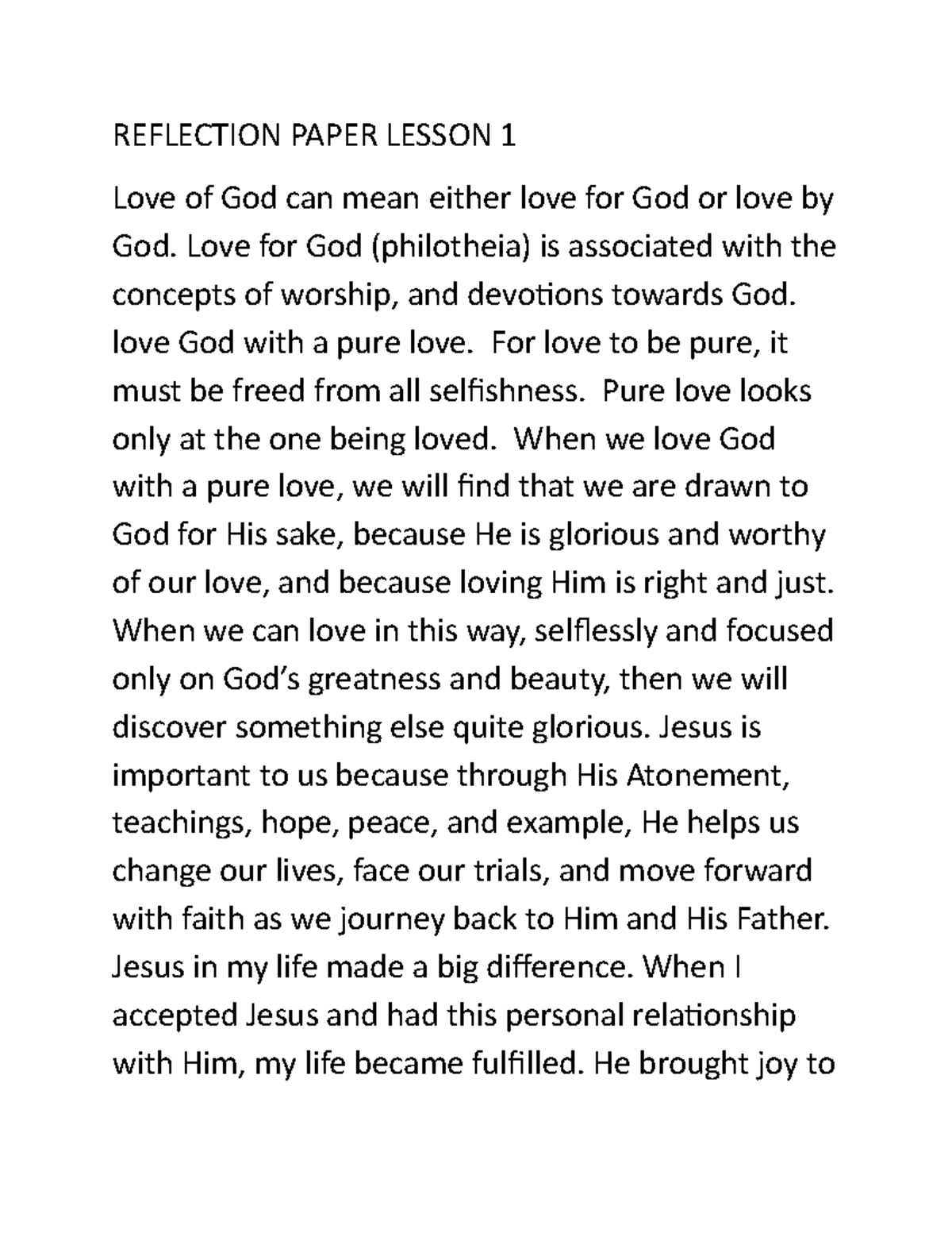 Reflection PAPE-WPS Office - REFLECTION PAPER LESSON 1 Love of God can ...