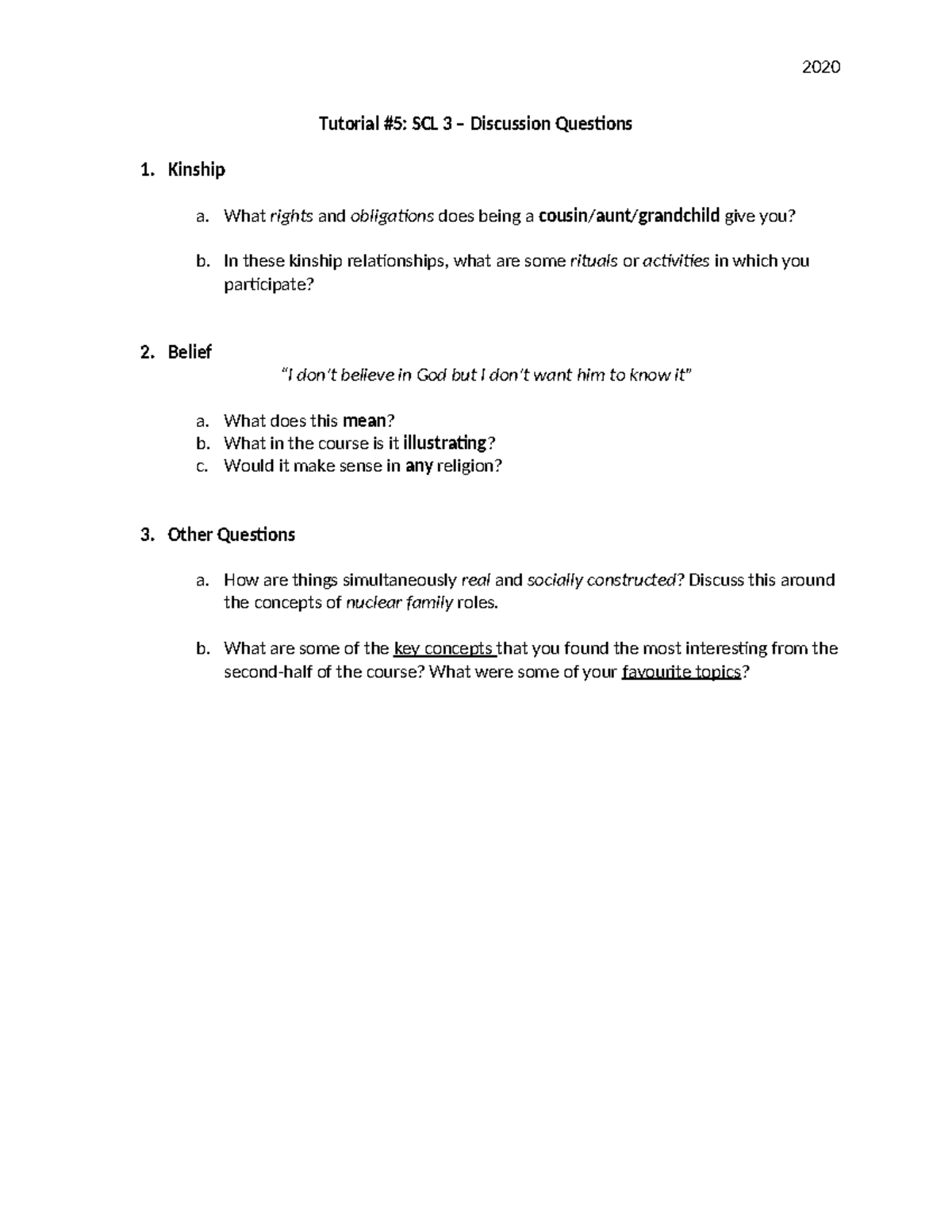 Tutorial #5- SCL 3 ( Handout) (2)-2 - 2020 Tutorial #5: SCL 3 – Discussion Questions Kinship a ...