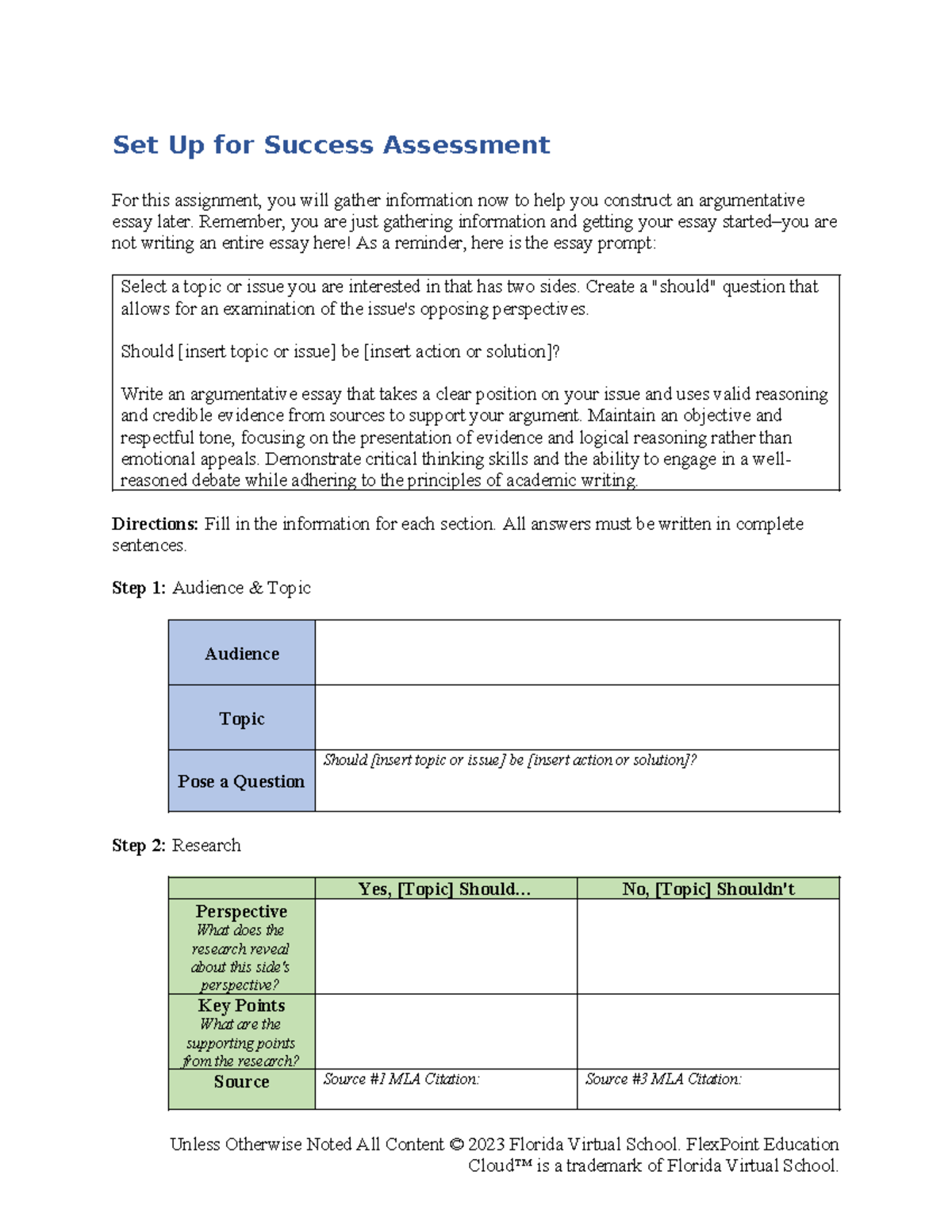 Set up for success assess rubric - Set Up for Success Assessment For ...
