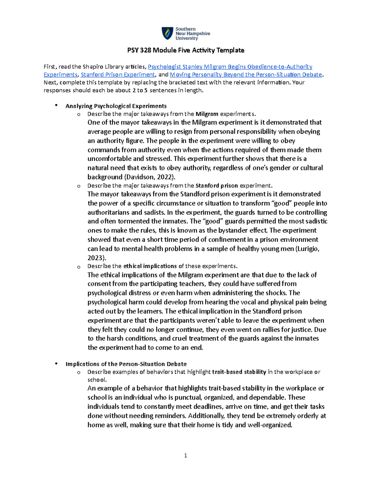 PSY 328 Module Five Activity - PSY 328 Module Five Ac3vity Template First, read the Shapiro ...