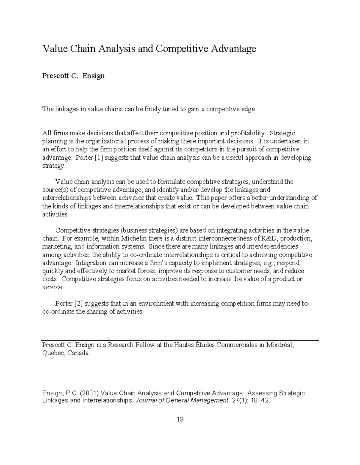 Ensign Prescott 2001 Value chain analysis and competitive advantage - Value Chain Analysis and ...