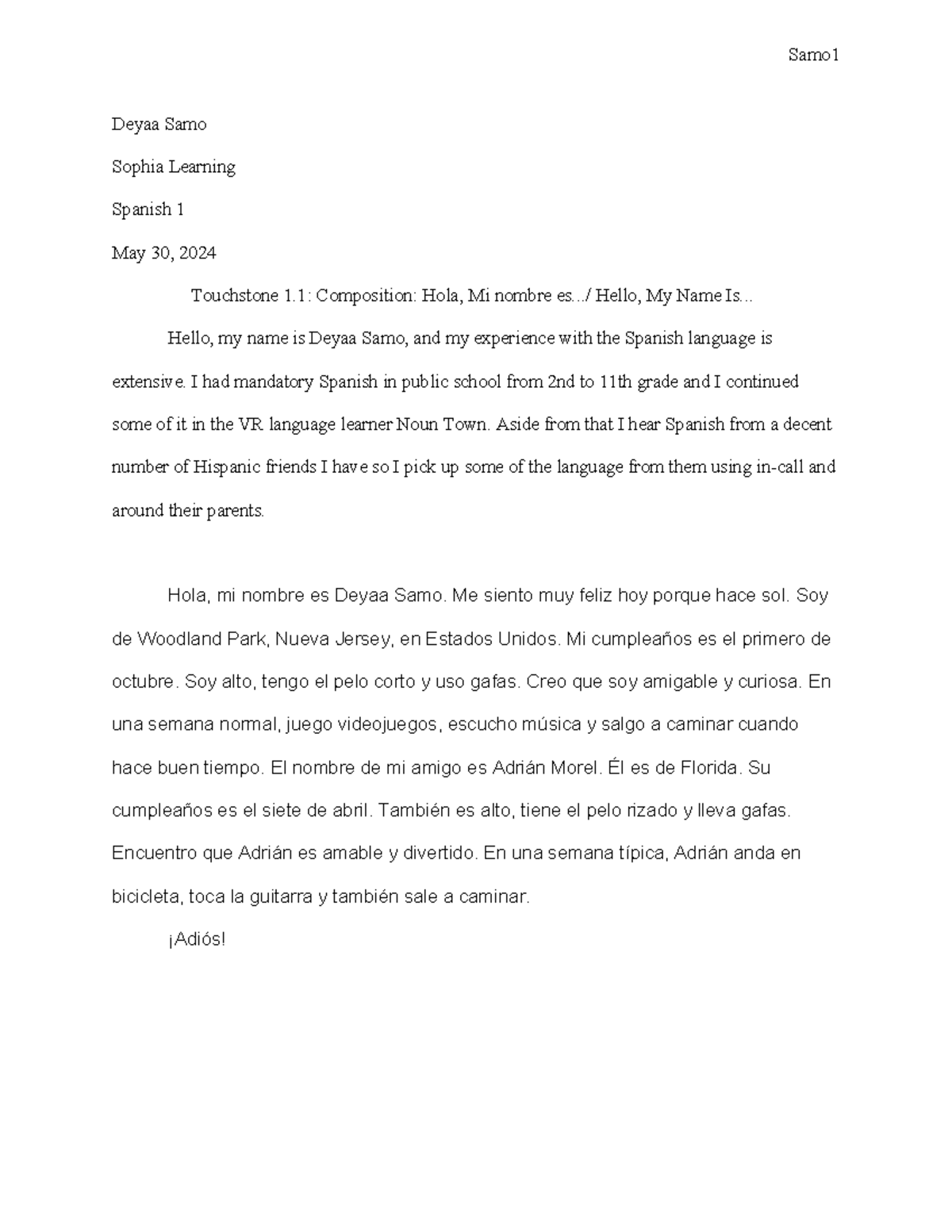 Touchstone 1.1 Composition Hola, Mi nombre es... Hello, My Name Is ...