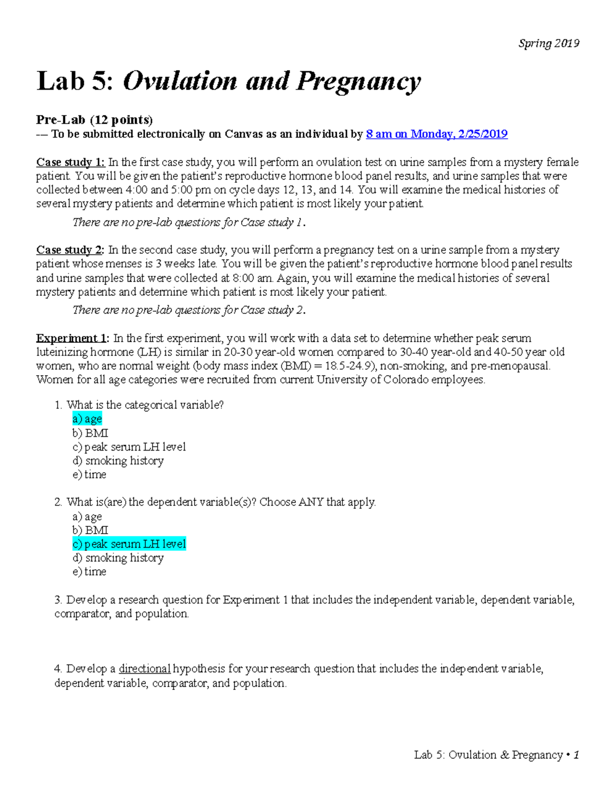 Lab 5 Ovulation Pregnancy Pre Lab - Spring 2019 Lab 5: Ovulation and ...
