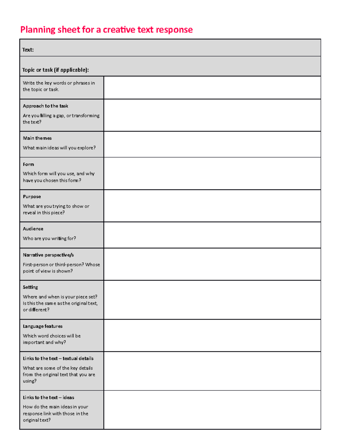 Insight Planning a Creative Response - Planning sheet for a creative ...