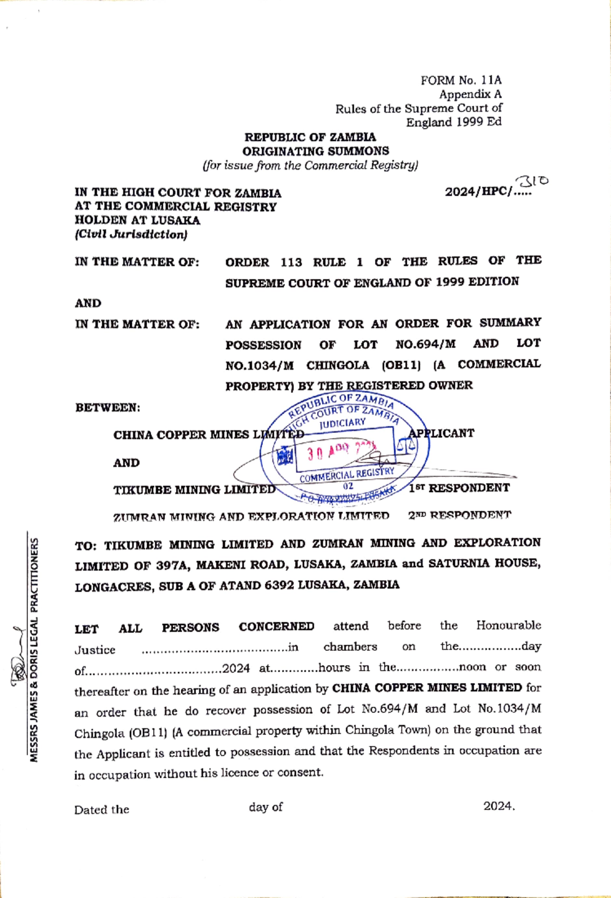Originating Summons - My typed notes - FORM No. llA Appendix A Rules of ...