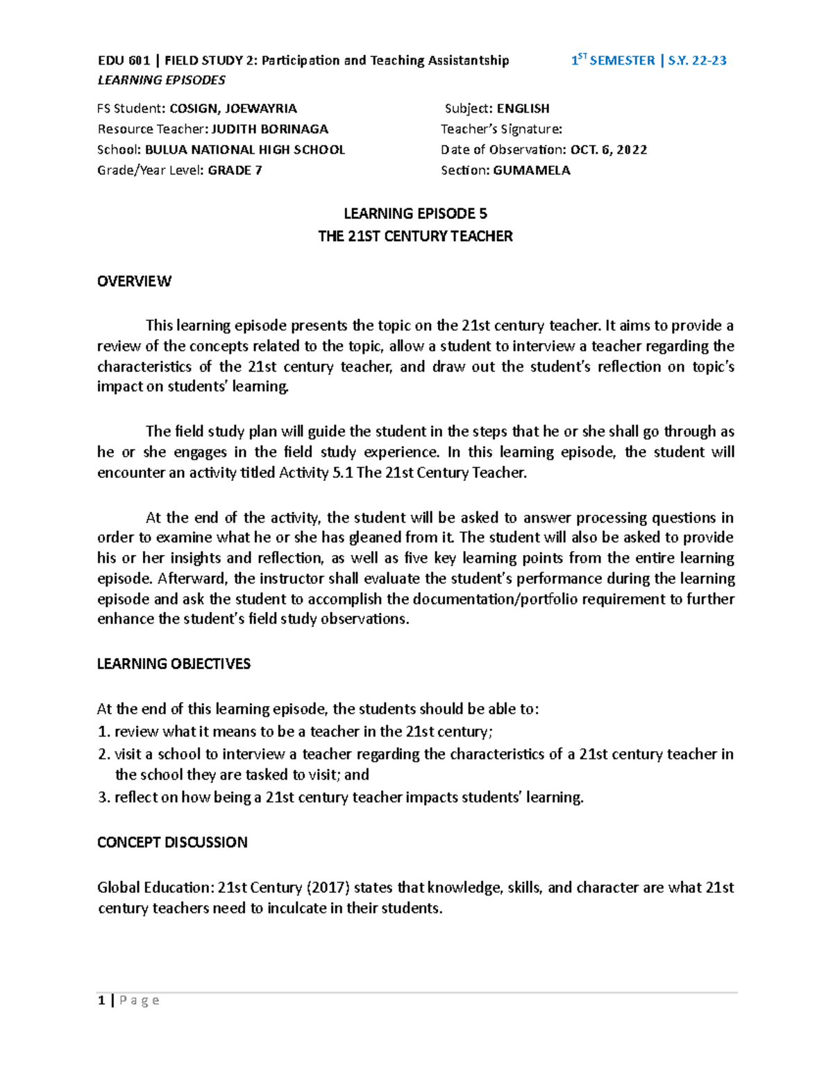 EDU 601 P3 Learning Episode 5-6 - LEARNING EPISODES FS Student: COSIGN ...