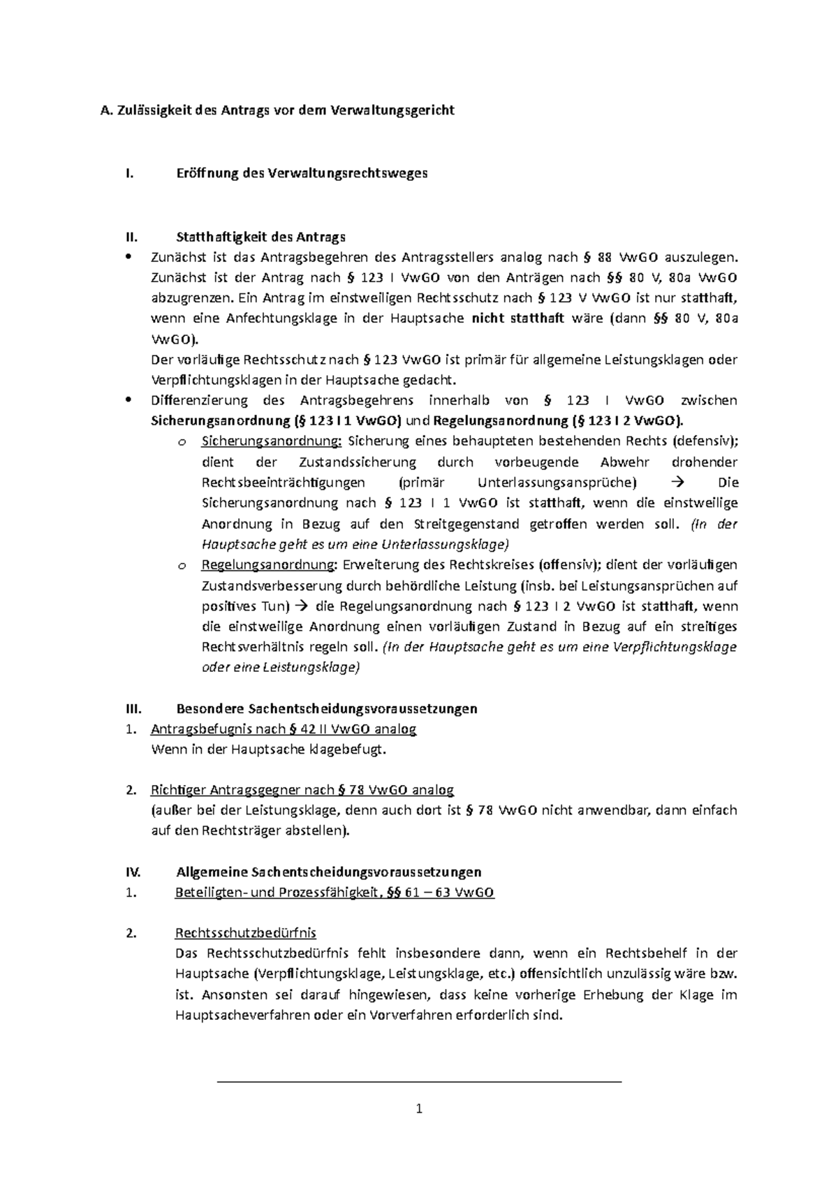 Einstweiliger Rechtsschutz, § 123 Vw GO - A. Zulässigkeit des Antrags ...