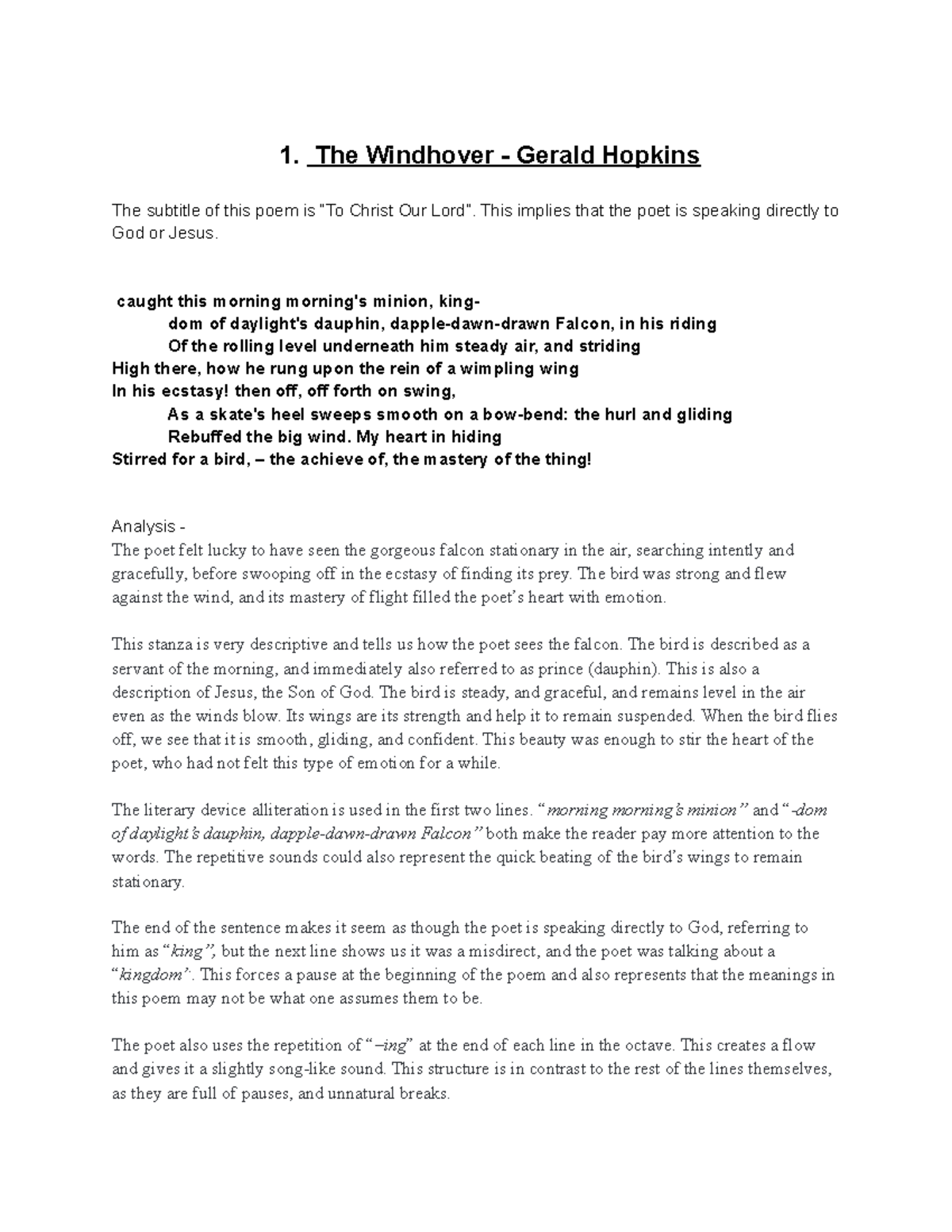 British Literature ESE Notes (P) - 1. The Windhover - Gerald Hopkins ...