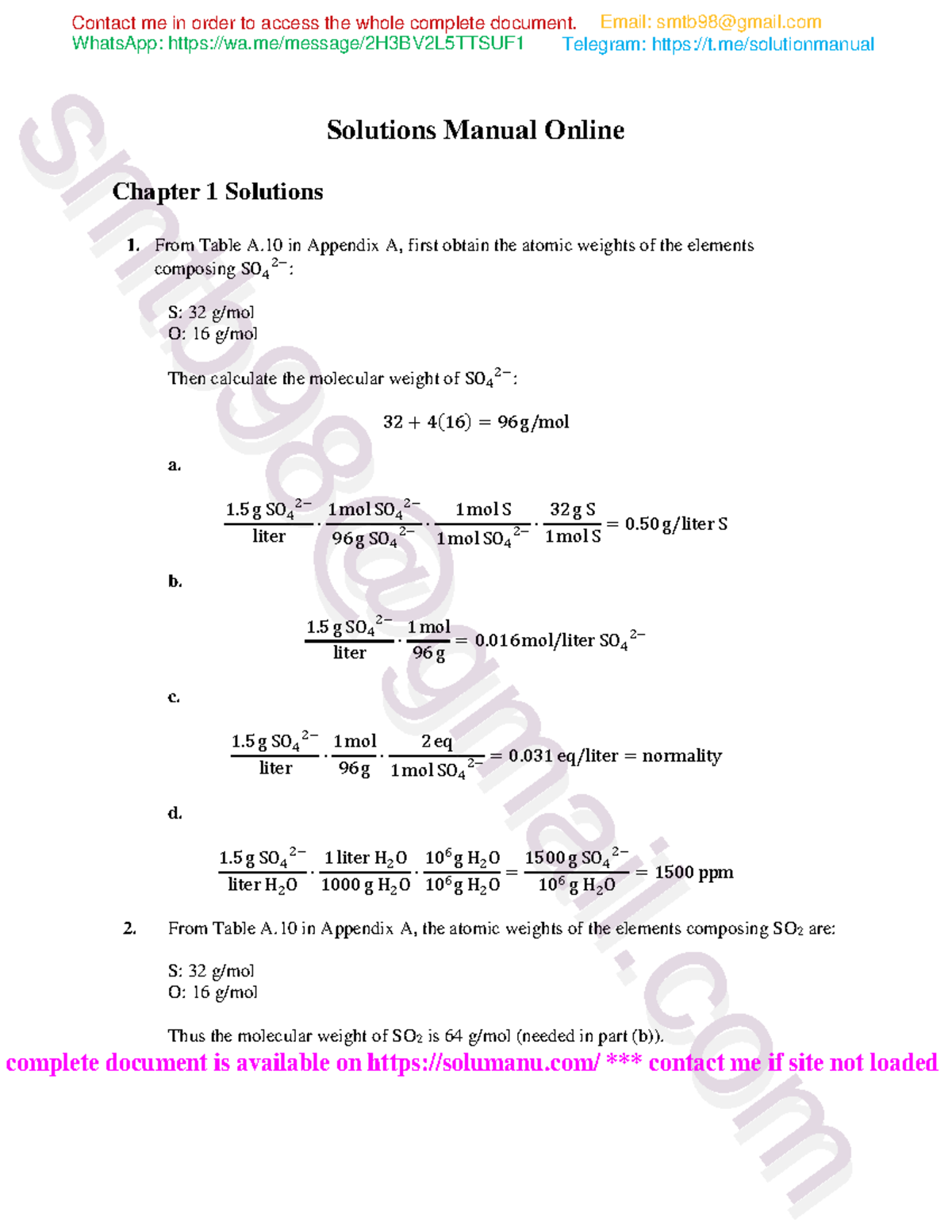 Solution Manual for Chemical Fate and Transport in the Environment 4th ...