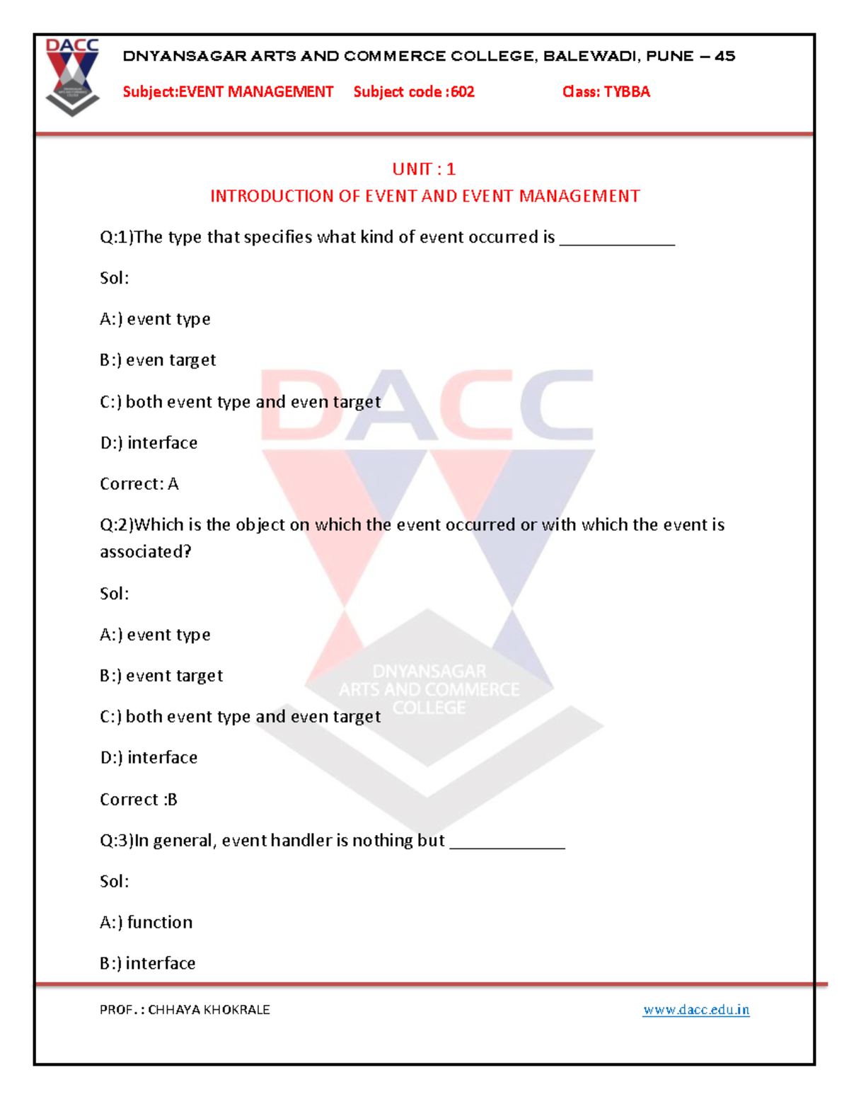 MCQ Event- Management 602 - Subject:EVENT MANAGEMENT Subject code :602 Class: TYBBA UNIT : 1 ...