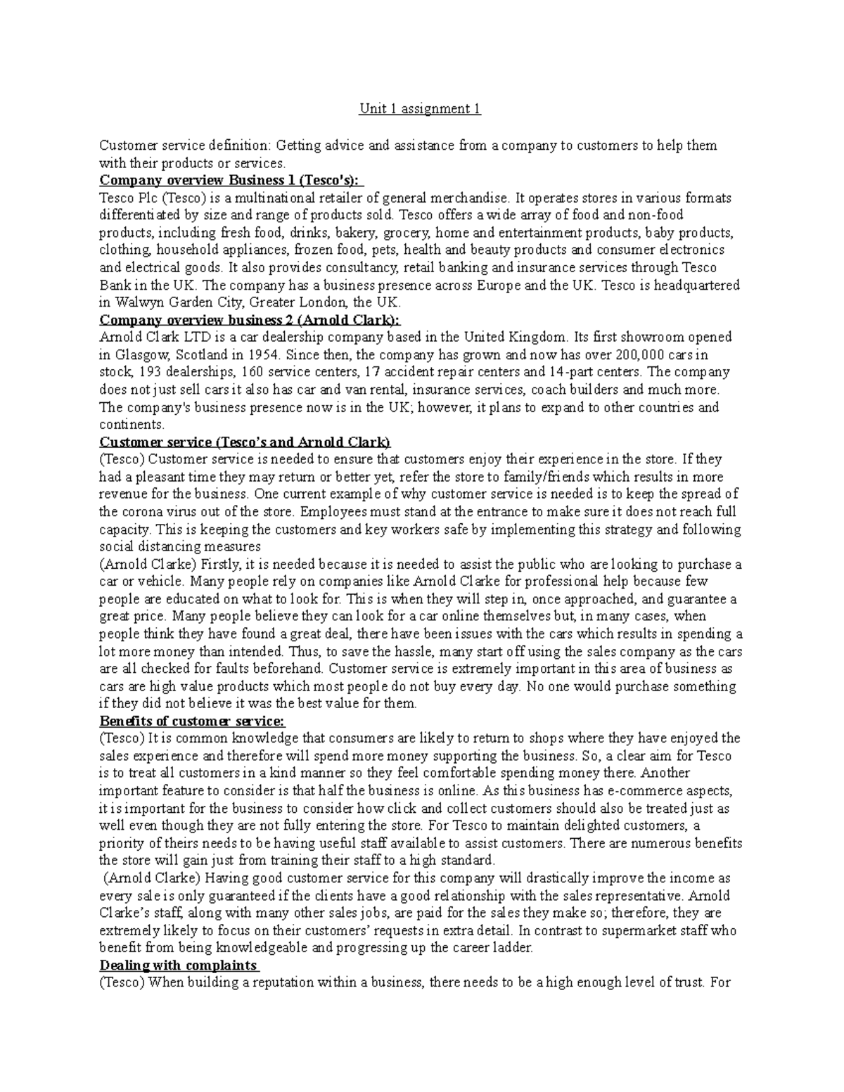 unit 2 assignment 1 - Unit 1 assignment 1 Customer service definition ...