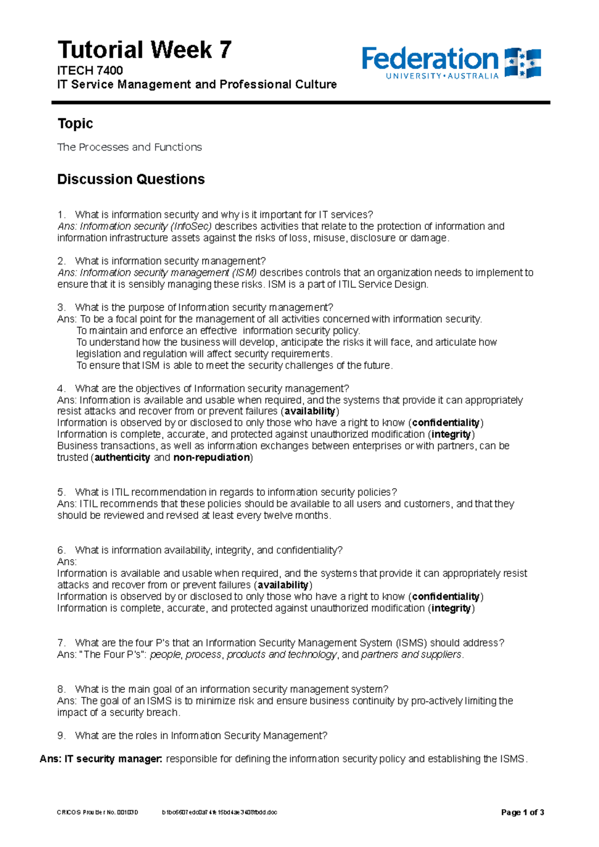 Tutorial Tasks Week 7 of 7400 - Tutorial Week 7 ITECH 7400 IT Service ...